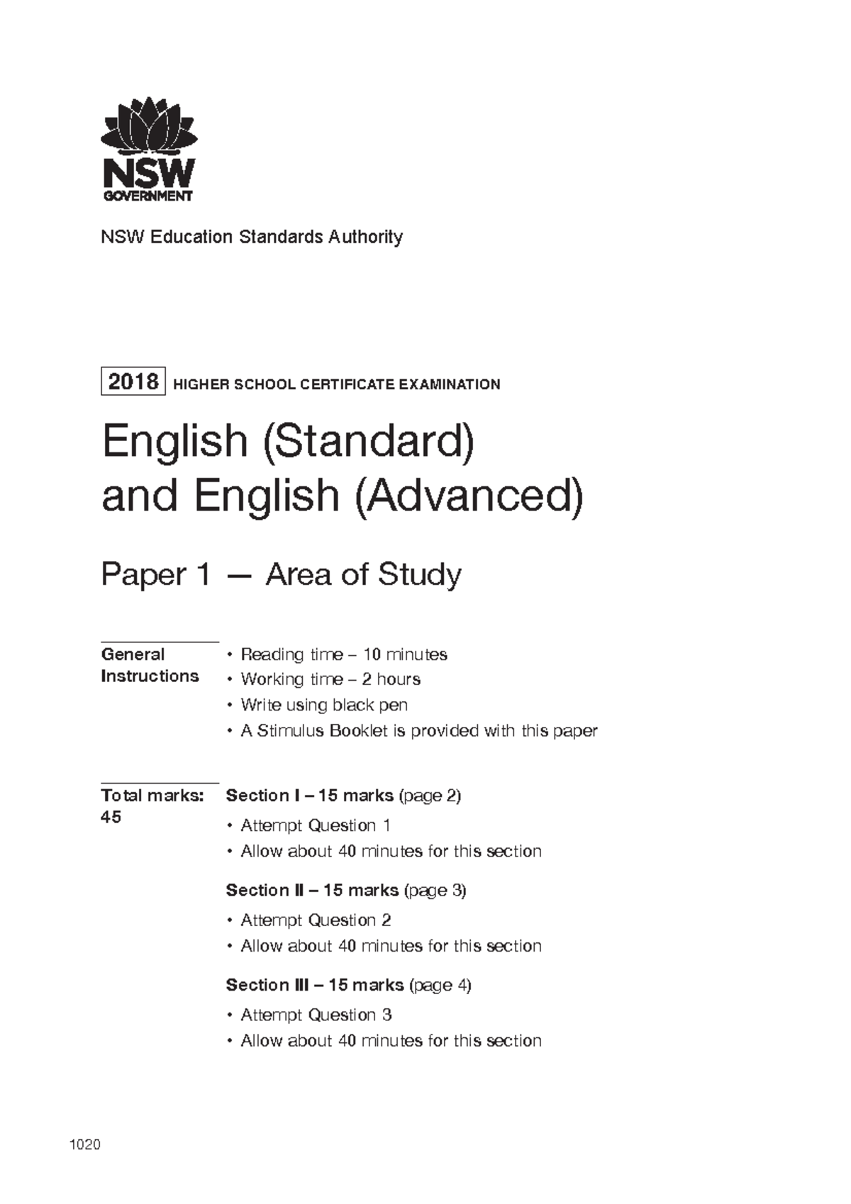 2018 hsc english std adv p1 - NSW Education Standards Authority 2018 ...