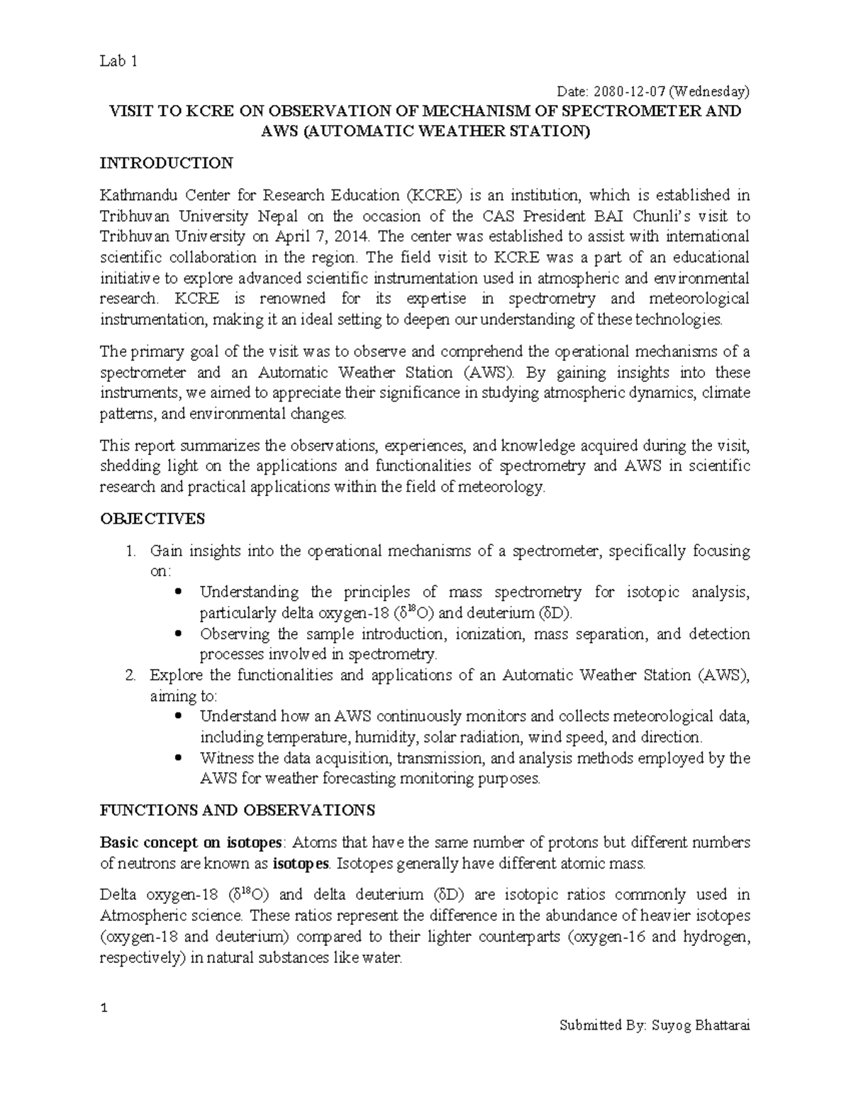 Lab 1; Visit to KCRE - Date: 2080-12-07 (Wednesday) VISIT TO KCRE ON ...