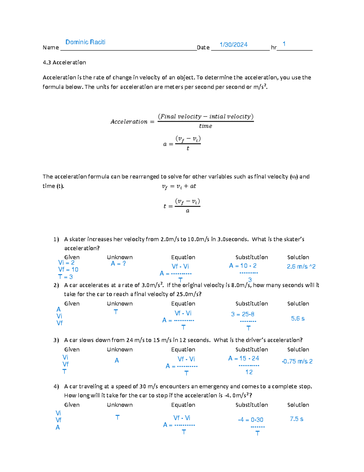 4-3 acceleration ws - idk - Name _______________________________Date __________________ hr 4 ...