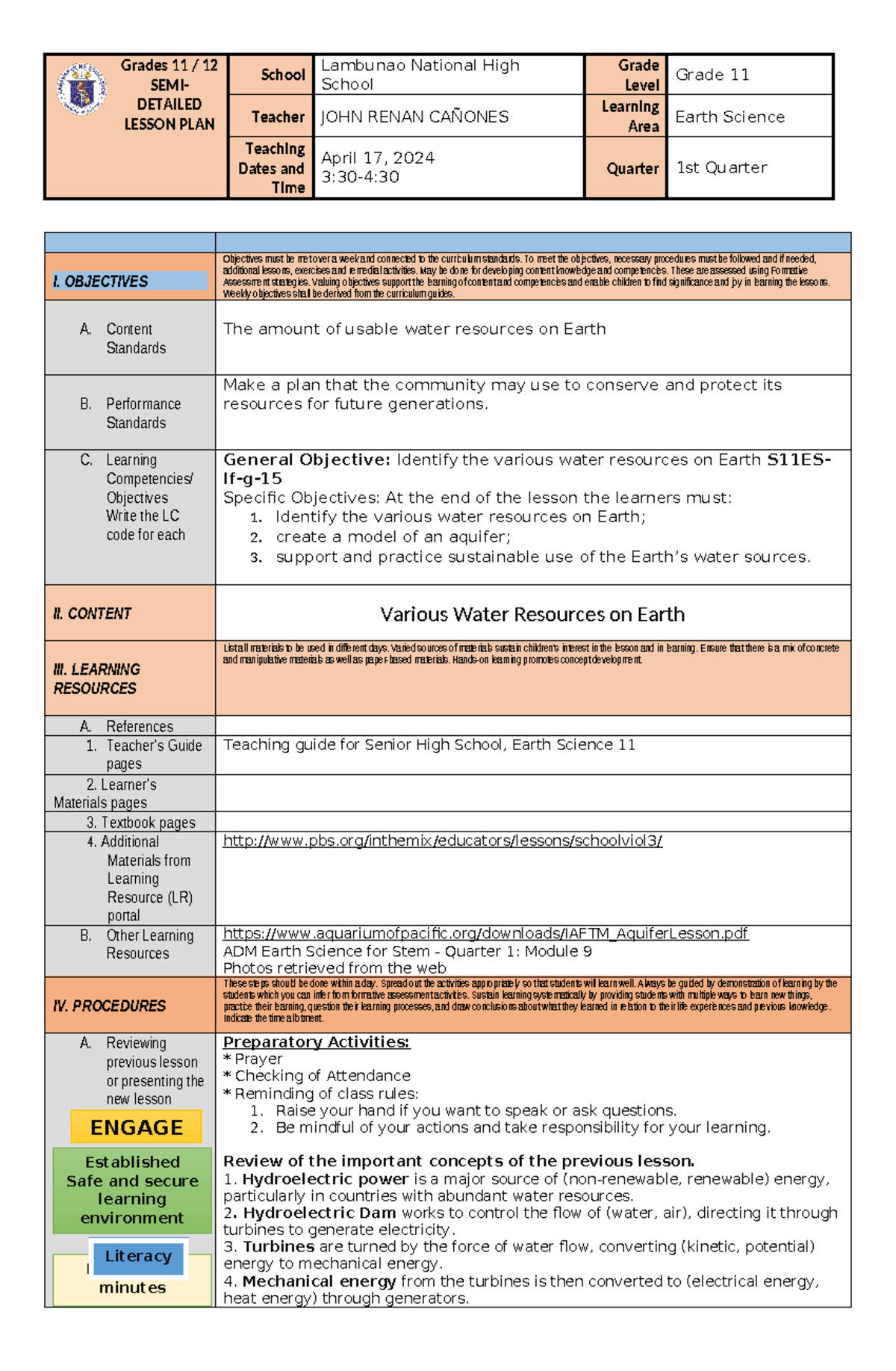 Co water resources - Grade 11 Science Lesson Plan - Grades 11 / 12 SEMI ...