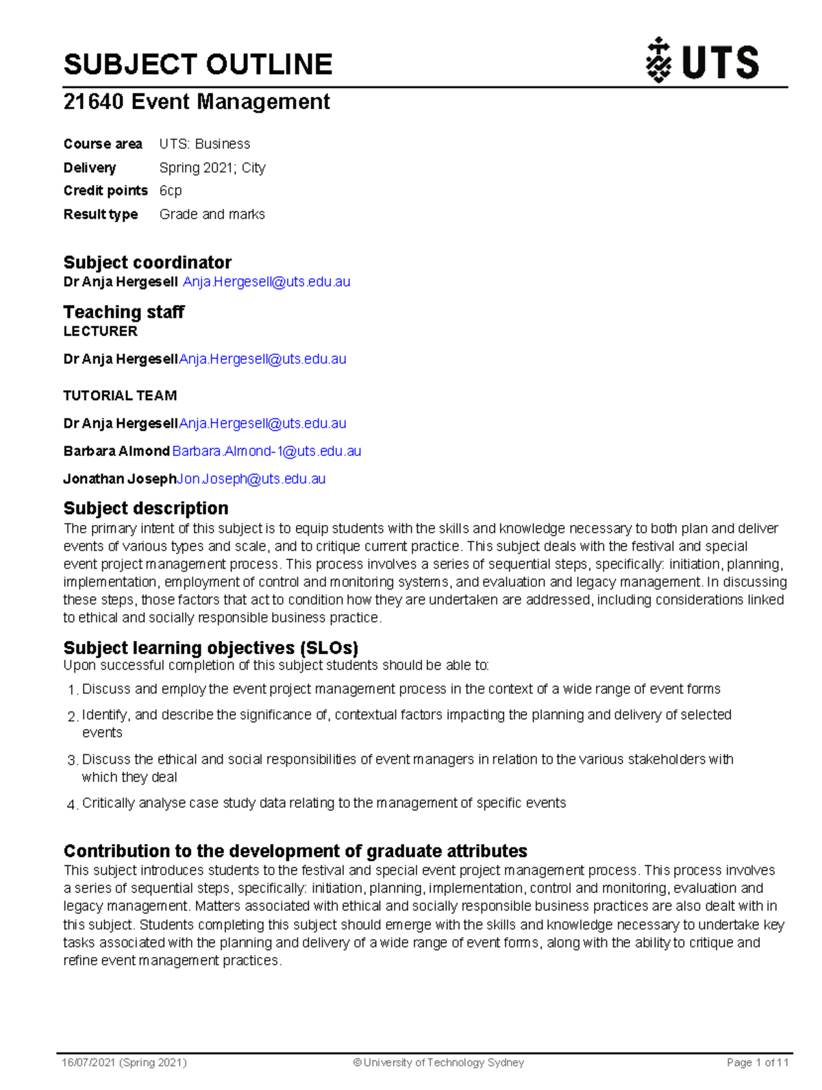 Subject outline Event Management - SUBJECT OUTLINE 21640 Event ...