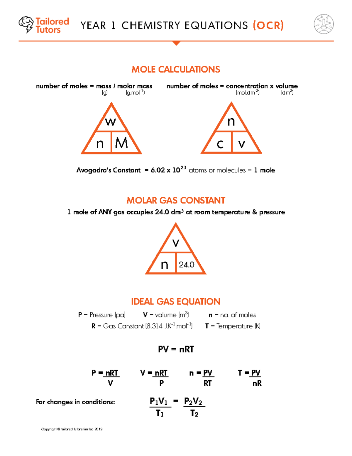 CHEM-Year 2 Chemistry Cheat Sheet for OCR - MOLE CALCULATIONS number of ...