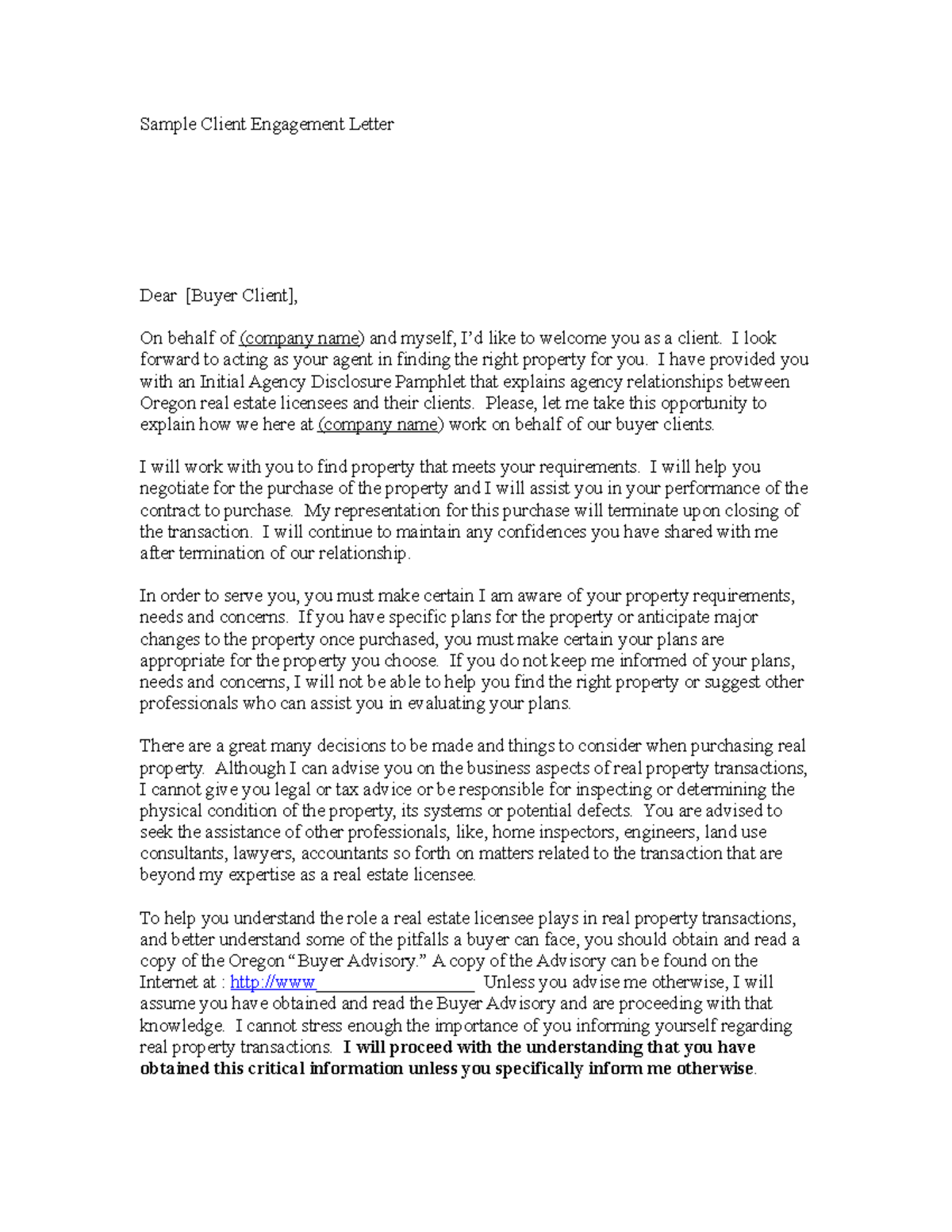 Sample Client Engagement Letter Sample Client Engagement Letter ...