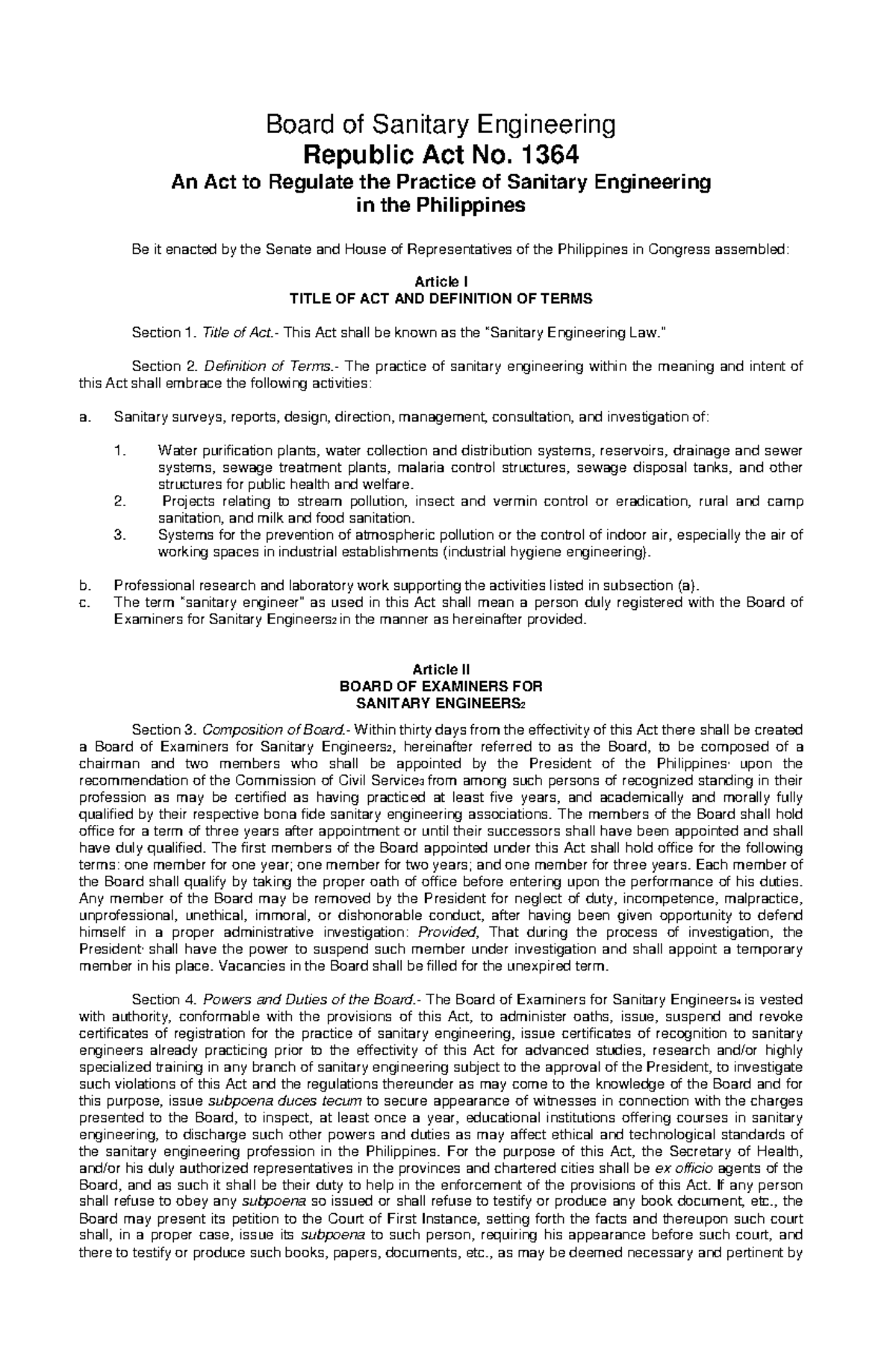 Sanitary Engineering Law 0 - Board of Sanitary Engineering Republic Act ...