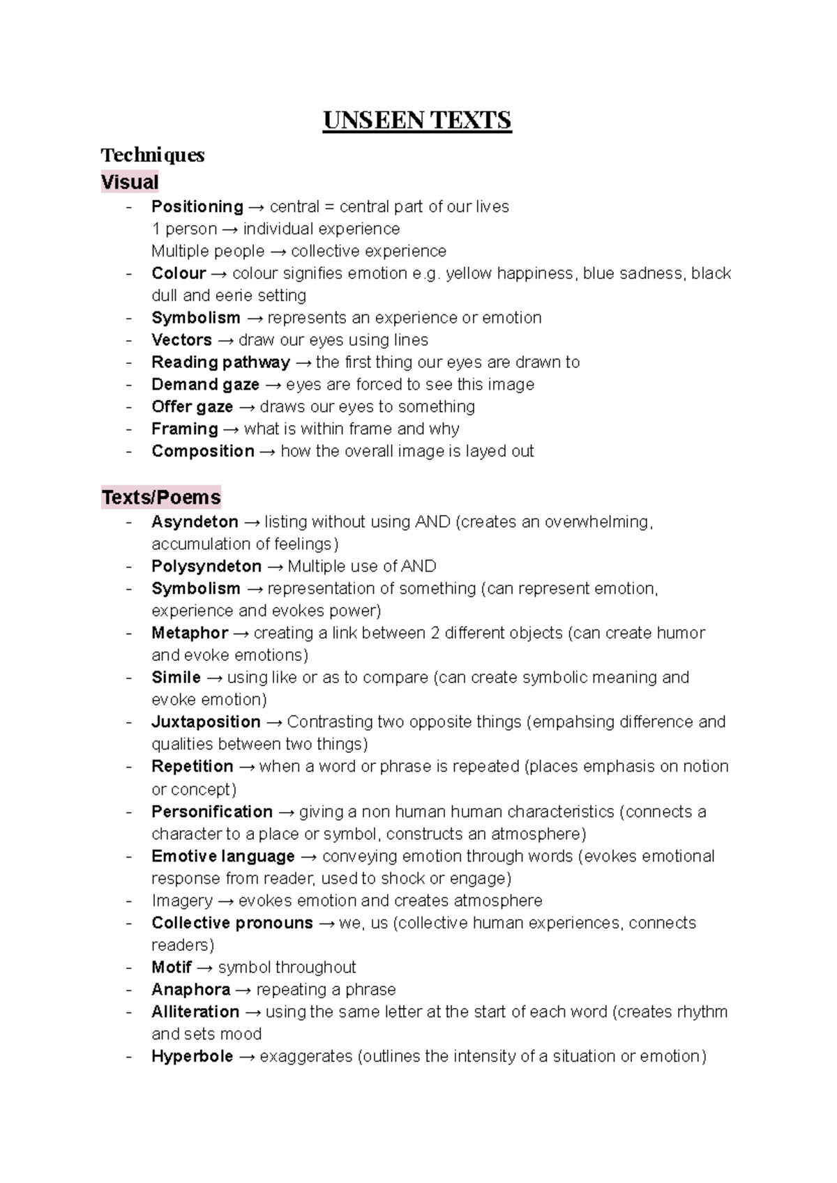 Unseen texts guide - UNSEEN TEXTS Techniques Visual - Positioning → ...