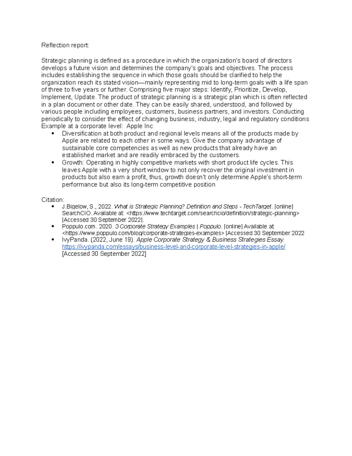 Reflection report - bnojo - Reflection report: Strategic planning is ...