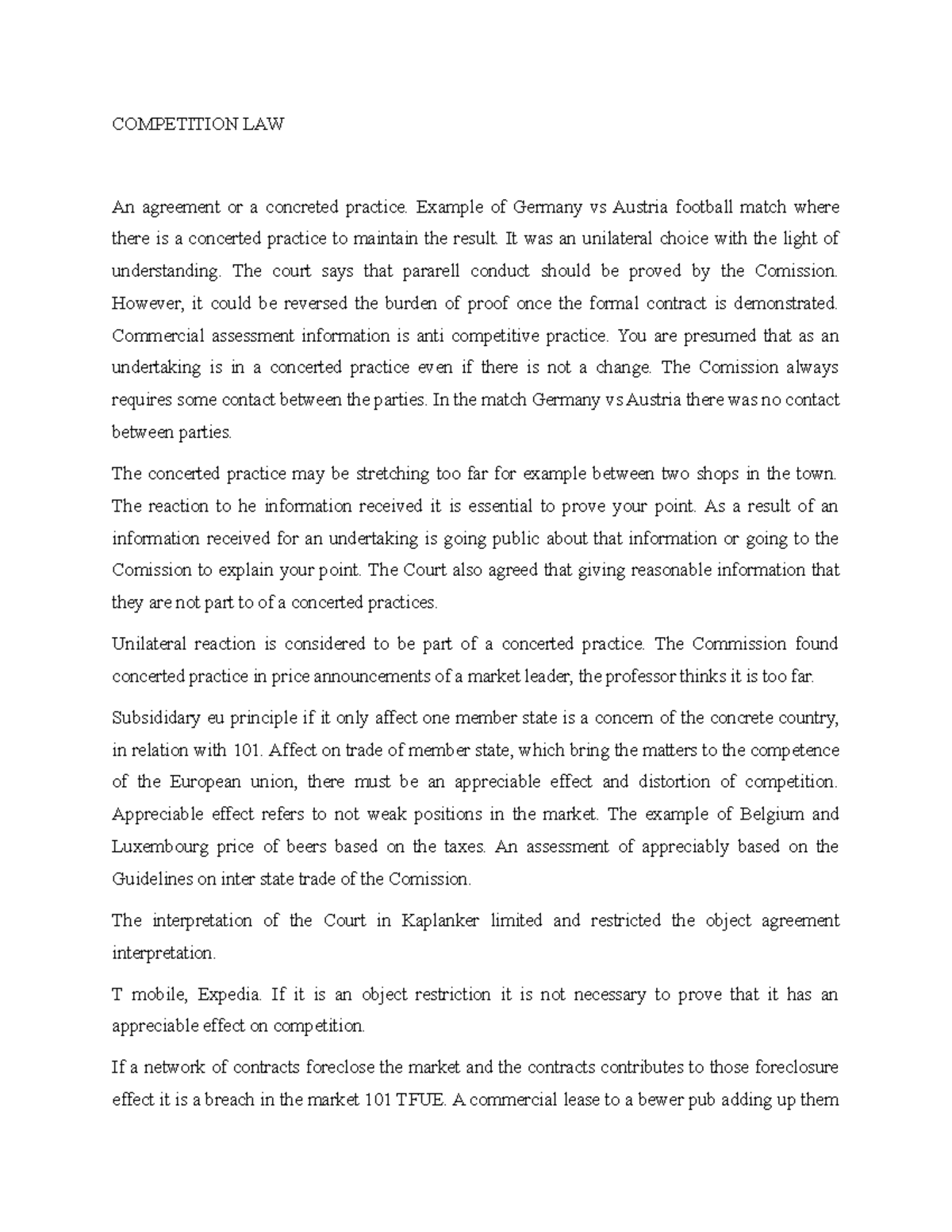 Competition LAW Lecture Notes 4 COMPETITION LAW An Agreement Or A