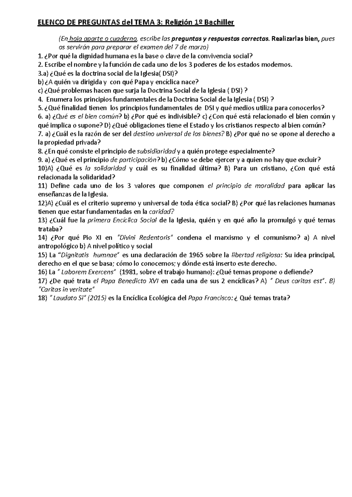 Tema 3 reli bachiller-examen - ELENCO DE PREGUNTAS del TEMA 3: Religión 1º Bachiller (En hoja ...
