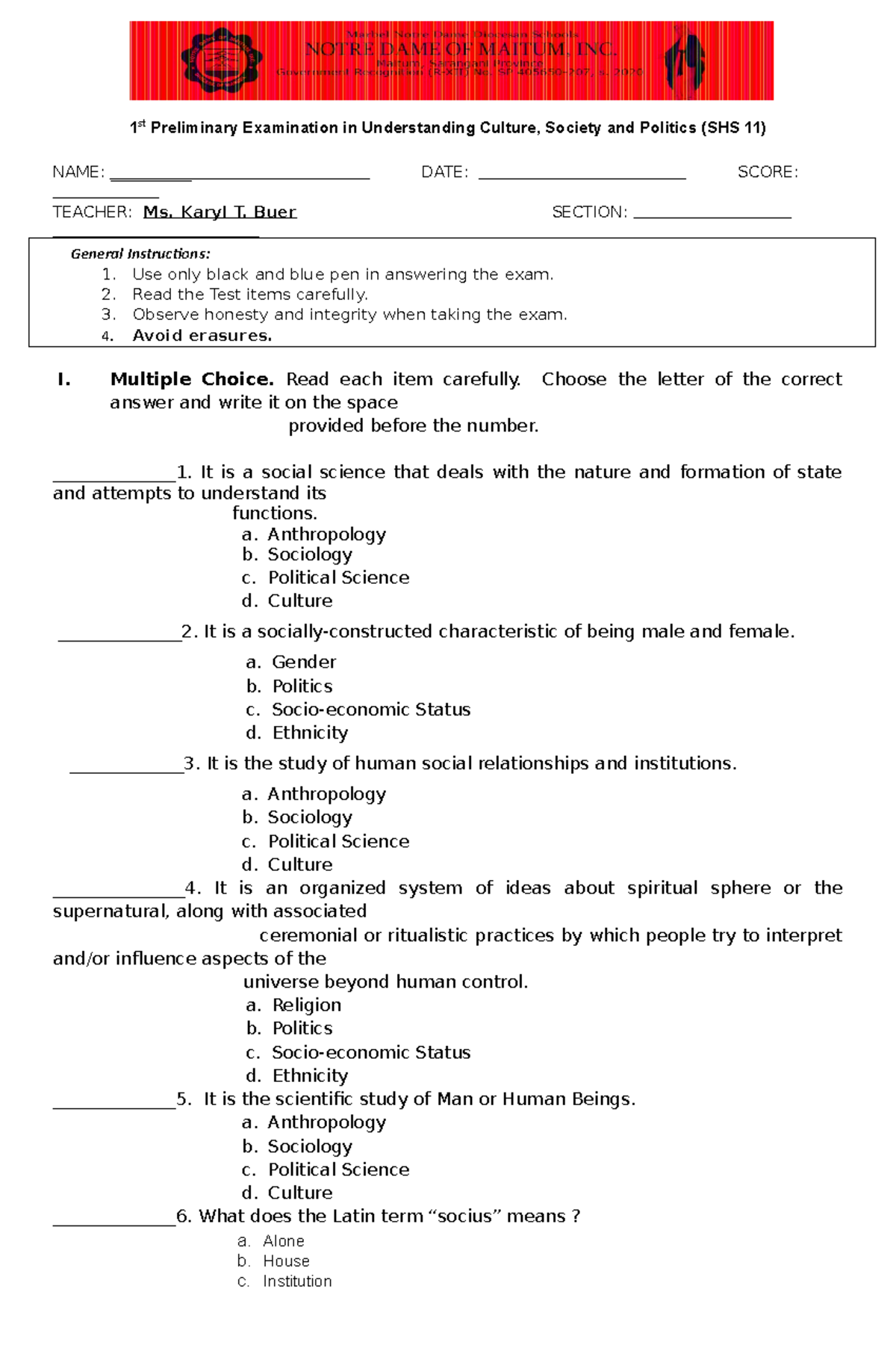 UCSP Q1 Prelim - Examination For understanding culture society and ...