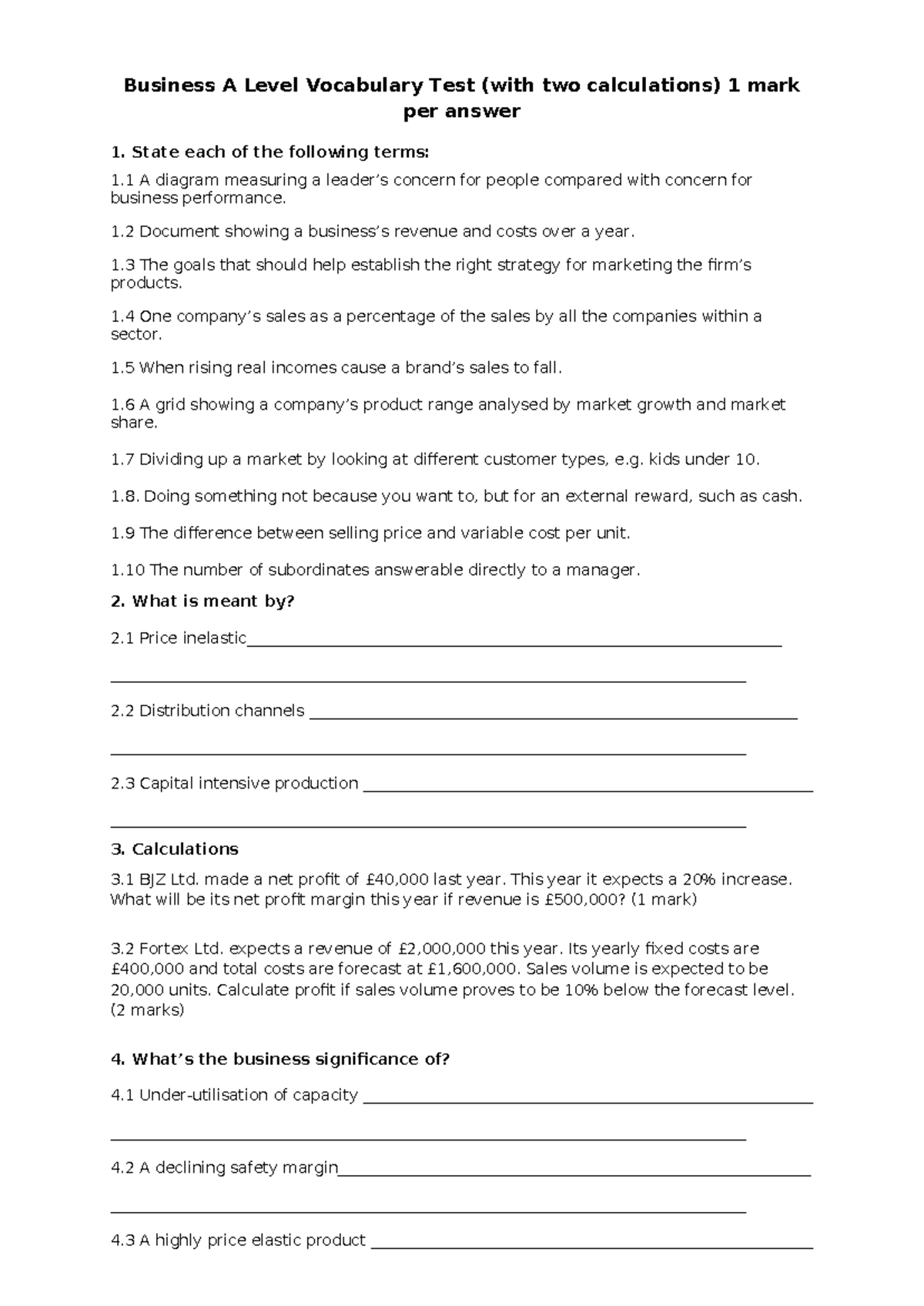 AS Vocab revision - key words - Business A Level Vocabulary Test (with ...