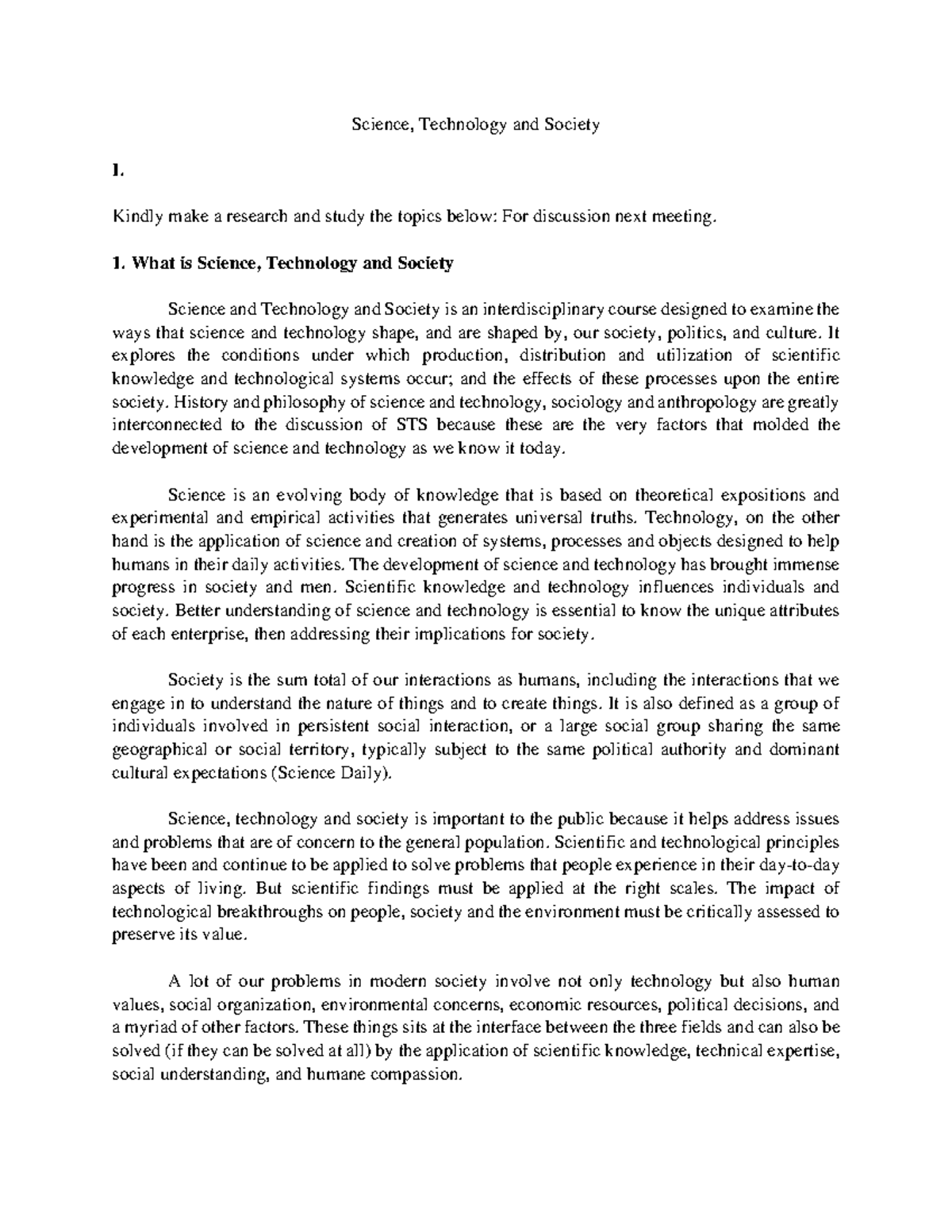 STS - about science - Science, Technology and Society I. Kindly make a ...