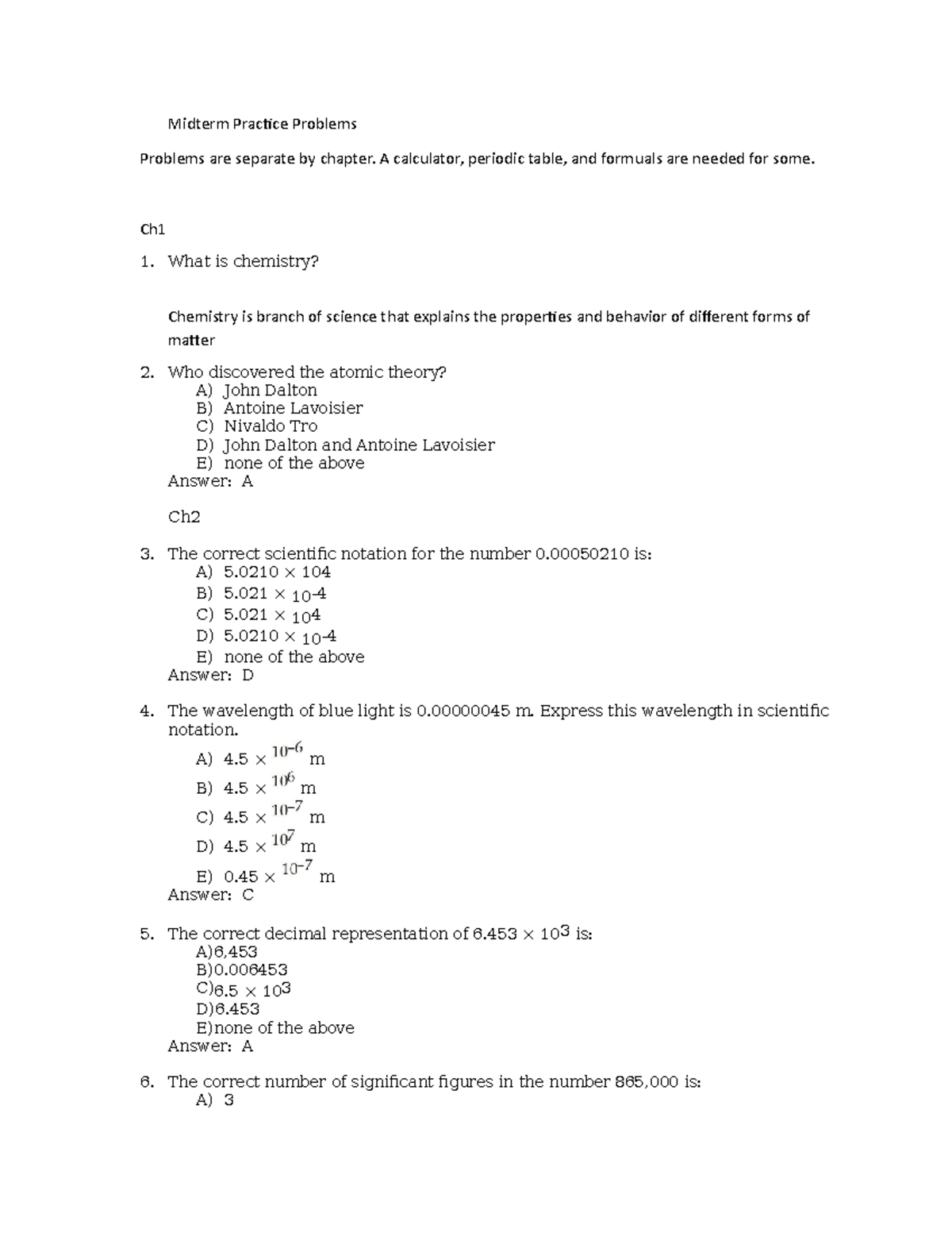 Midterm Practice Solutions - Midterm Practice Problems Problems are separate by chapter. A - Studocu