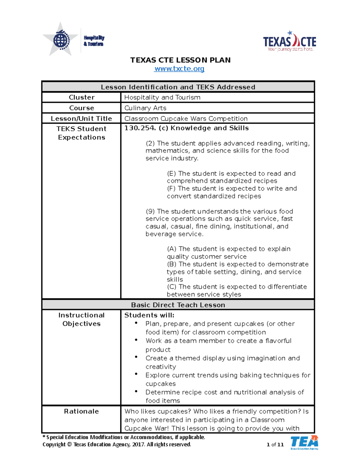 Lesson Plan Classroom Cupcake Wars Competition - TEXAS CTE LESSON PLAN ...