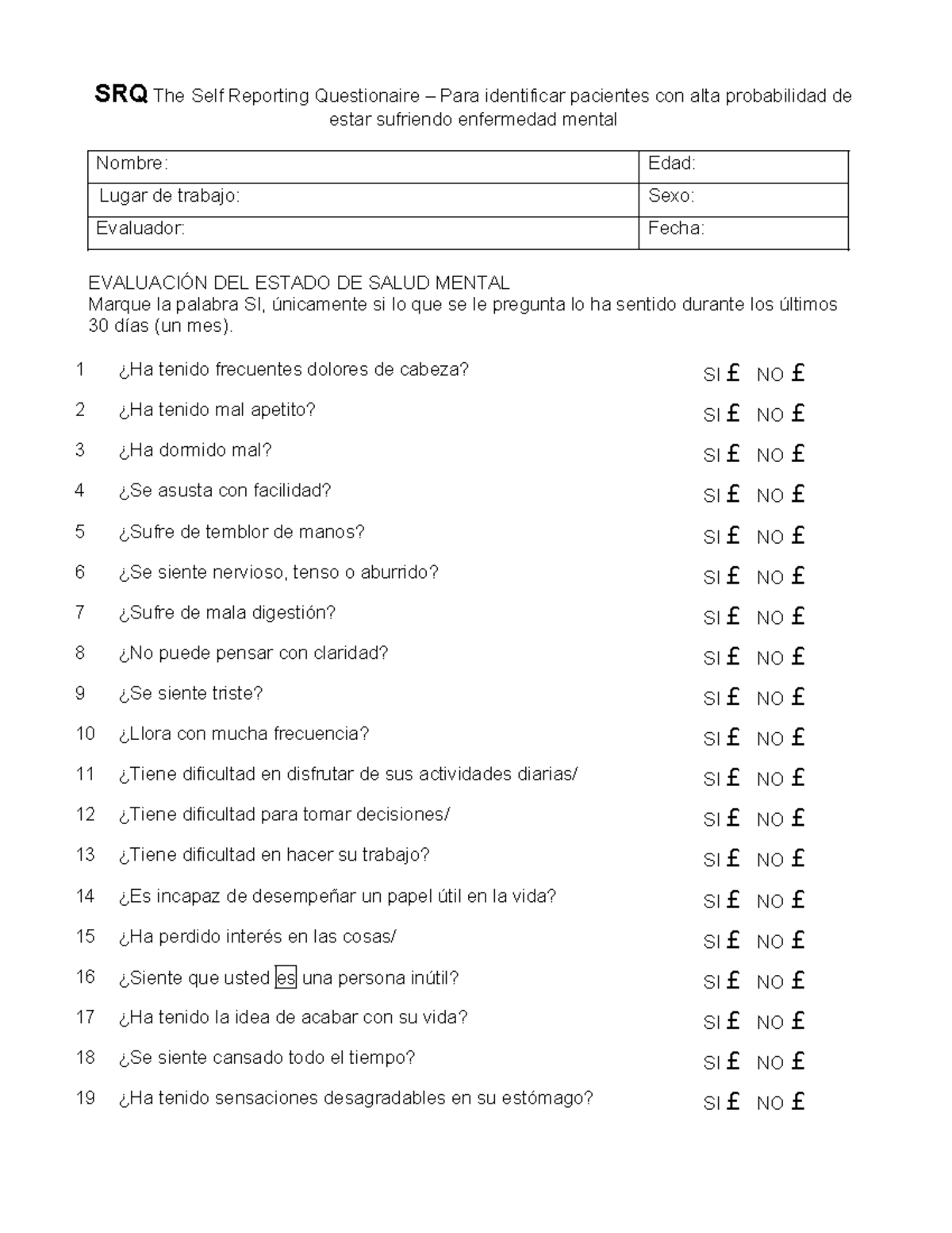 Cuestionario SQR - SRQ The Self Reporting Questionaire - Para ...