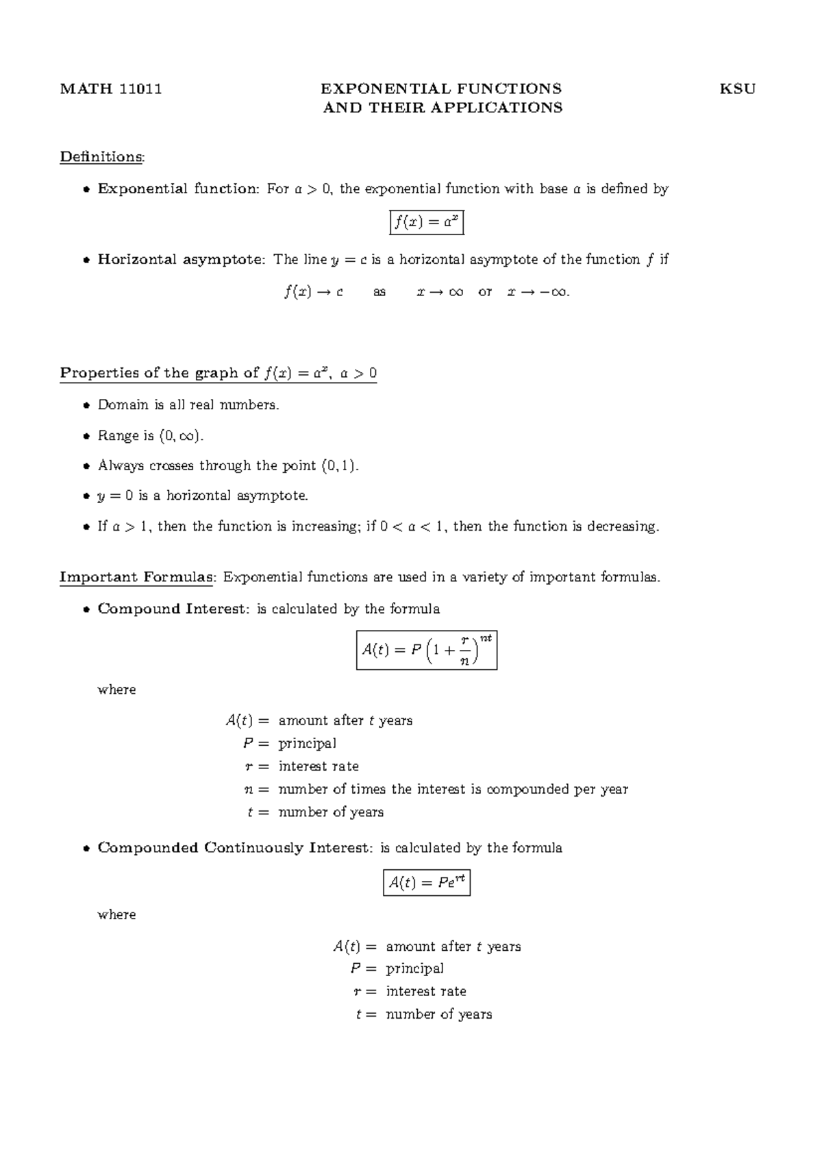Exponential - business algebra - MATH 11011 EXPONENTIAL FUNCTIONS KSU ...