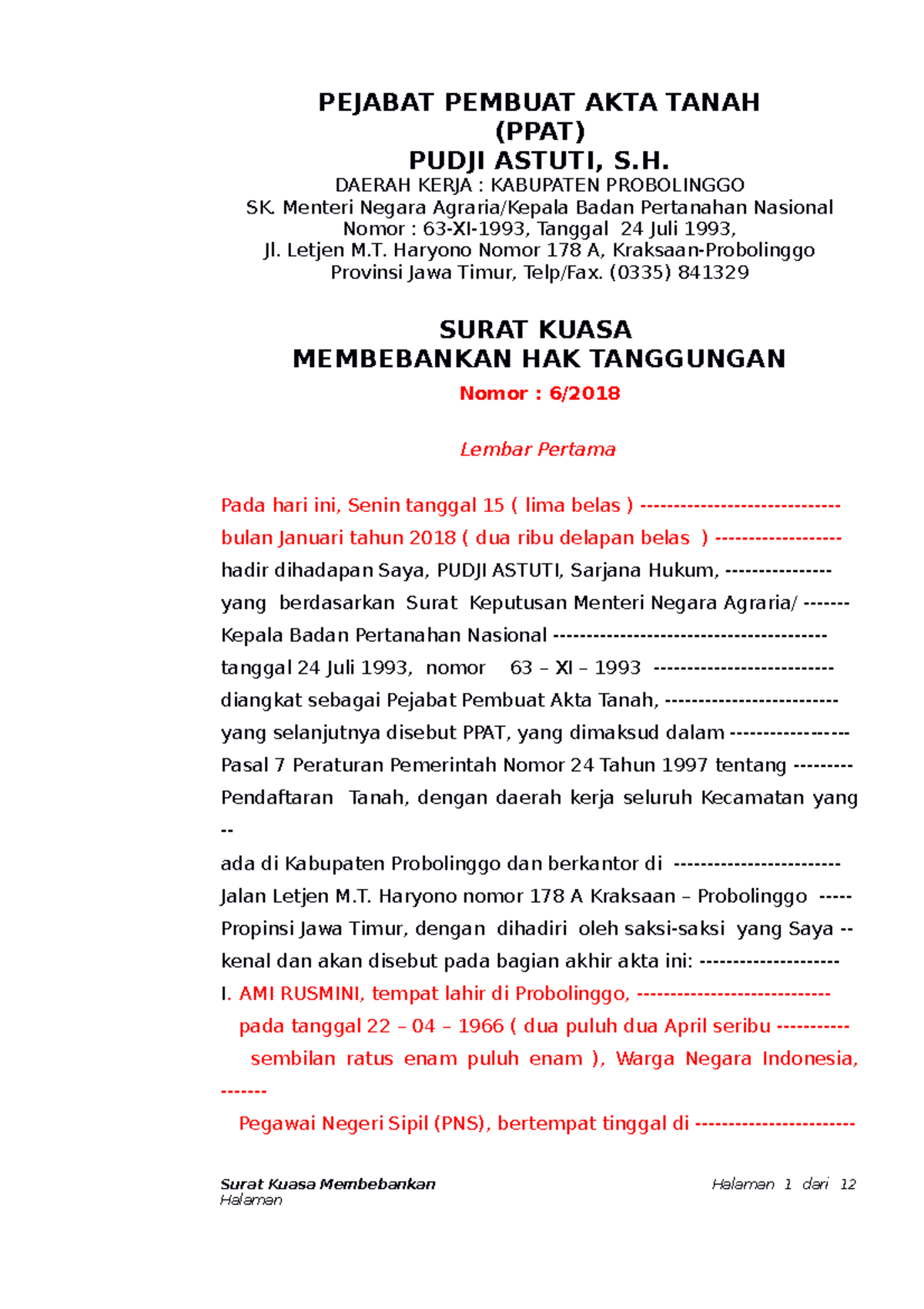 Contoh Skmht Jaminan 2 objek - PEJABAT PEMBUAT AKTA TANAH (PPAT) PUDJI ASTUTI, S. DAERAH KERJA ...