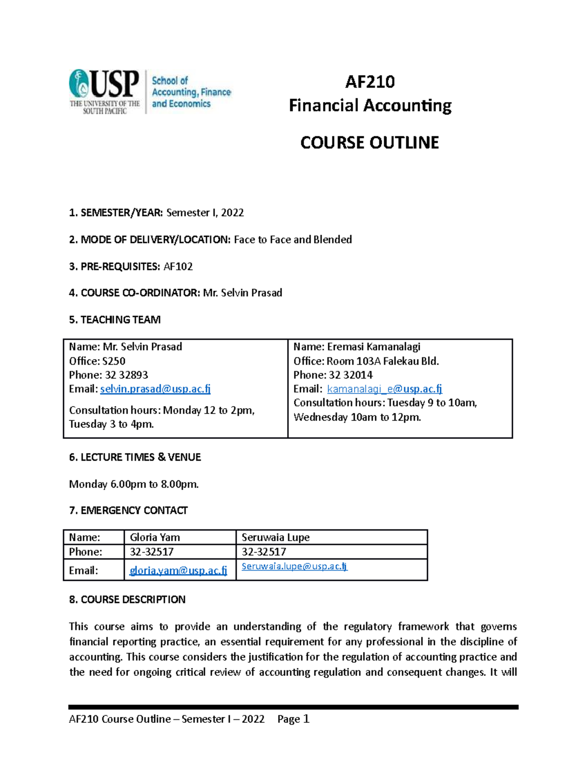 AF210 Draft Course Outline S1 2022 - Financial Accounting - USP - StuDocu
