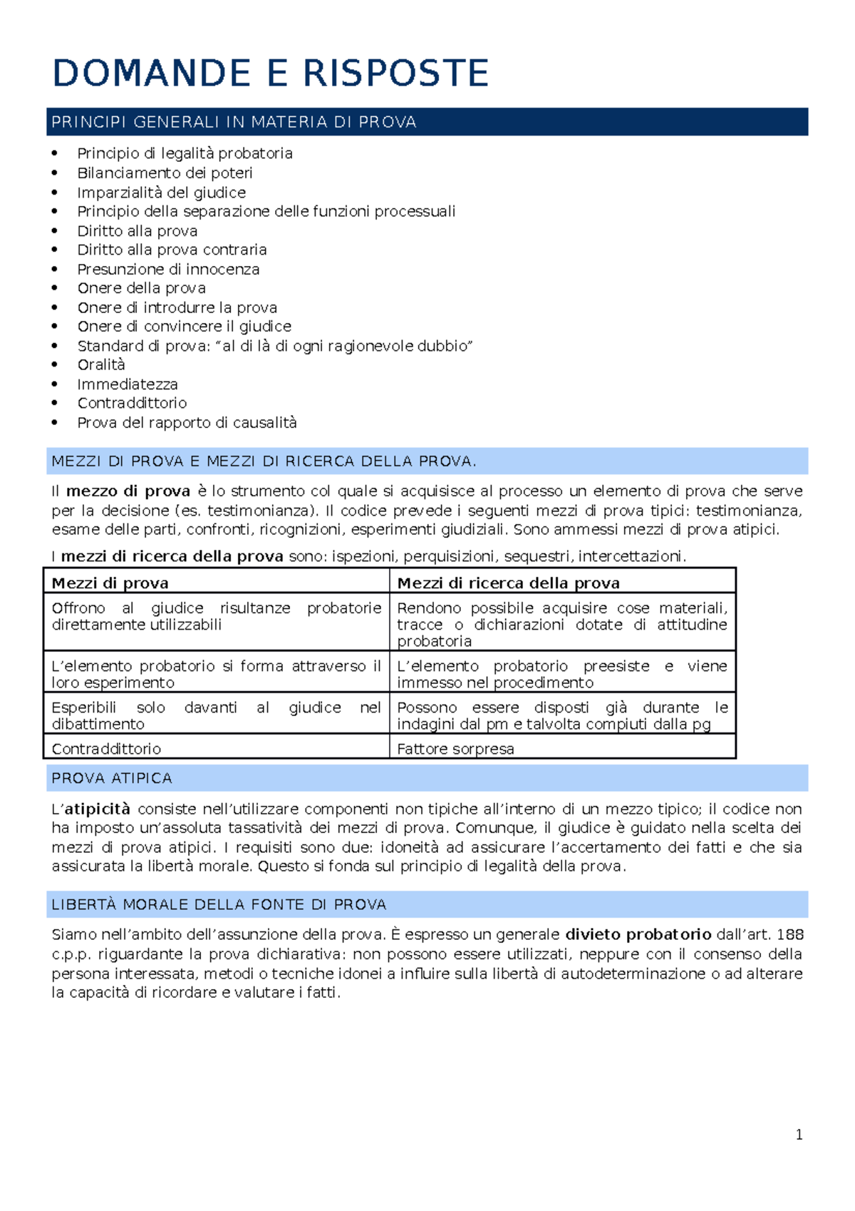 Domande e risposte da esame - DOMANDE E RISPOSTE PRINCIPI GENERALI IN MATERIA DI PROVA Principio ...