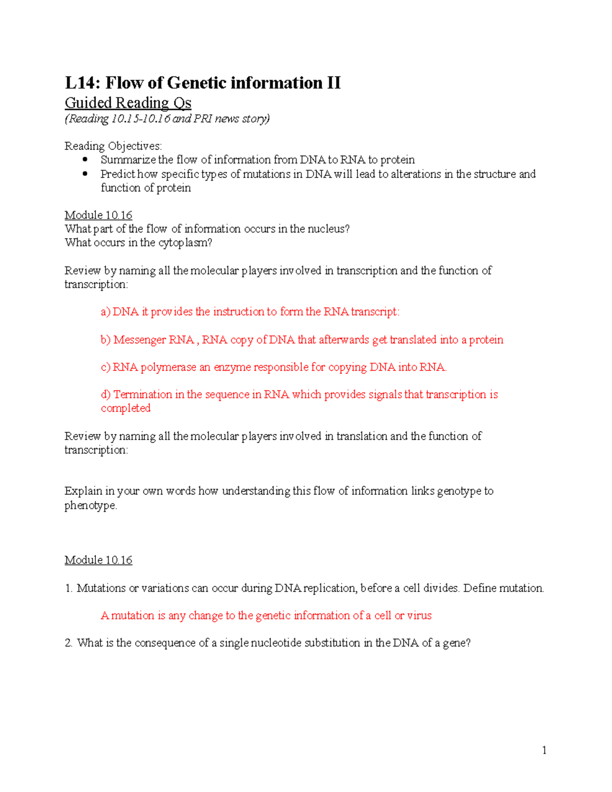 BIOL 101 Lesson 14 GRQ's - L14: Flow of Genetic information II Guided ...