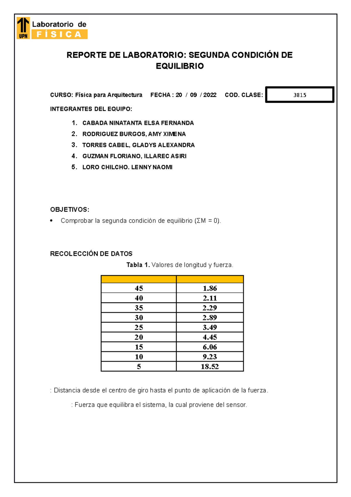 Reporte LAB FISI1 S06 2CE - REPORTE DE LABORATORIO: SEGUNDA CONDICIÓN DE EQUILIBRIO CURSO ...
