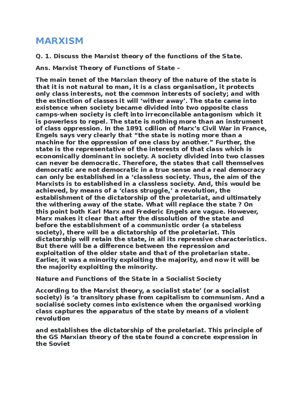 Marxism ( Practice quesions) - MARXISM Q. 1. Discuss the Marxist theory ...