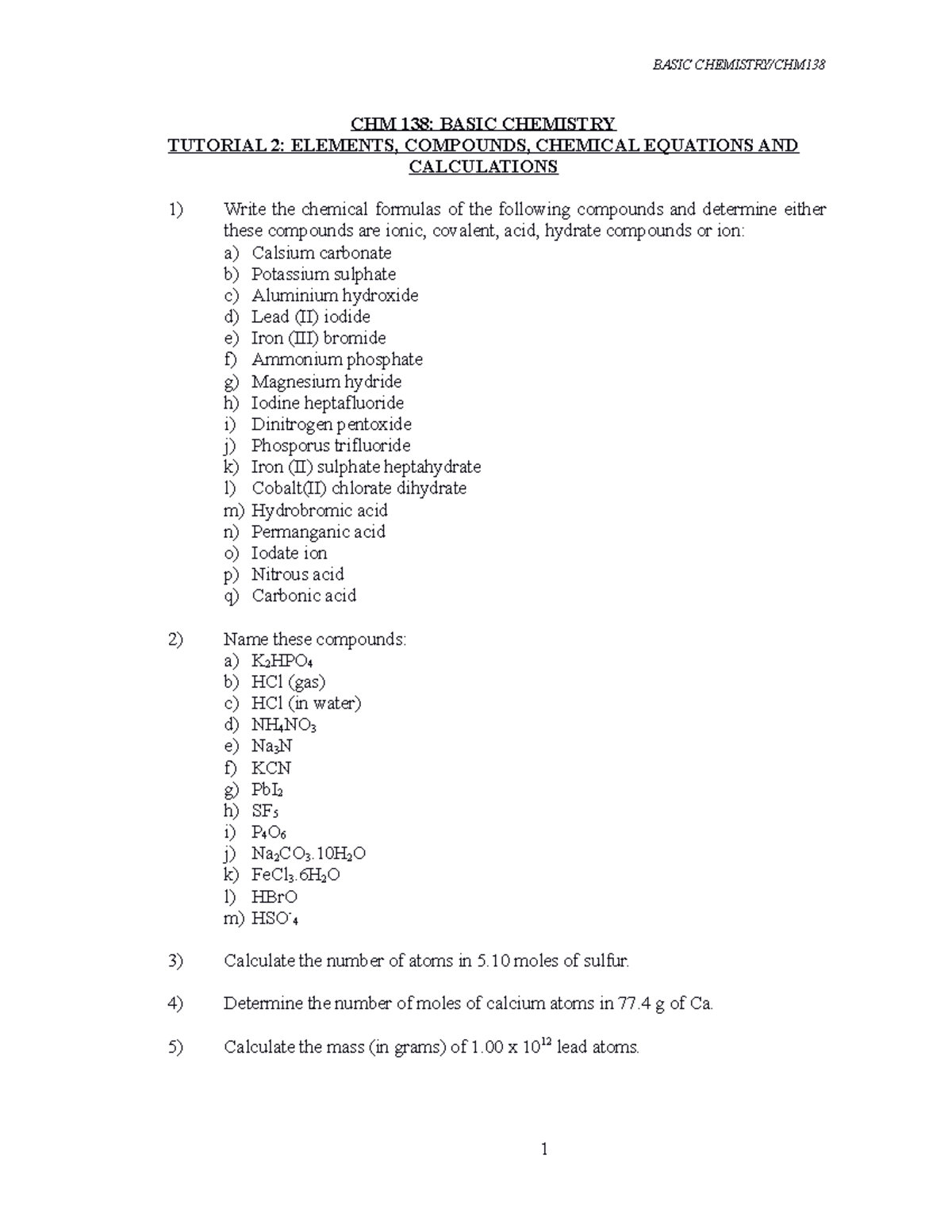 Tutorial Chapter 2 - CHM 138: BASIC CHEMISTRY TUTORIAL 2: ELEMENTS, COMPOUNDS, CHEMICAL ...