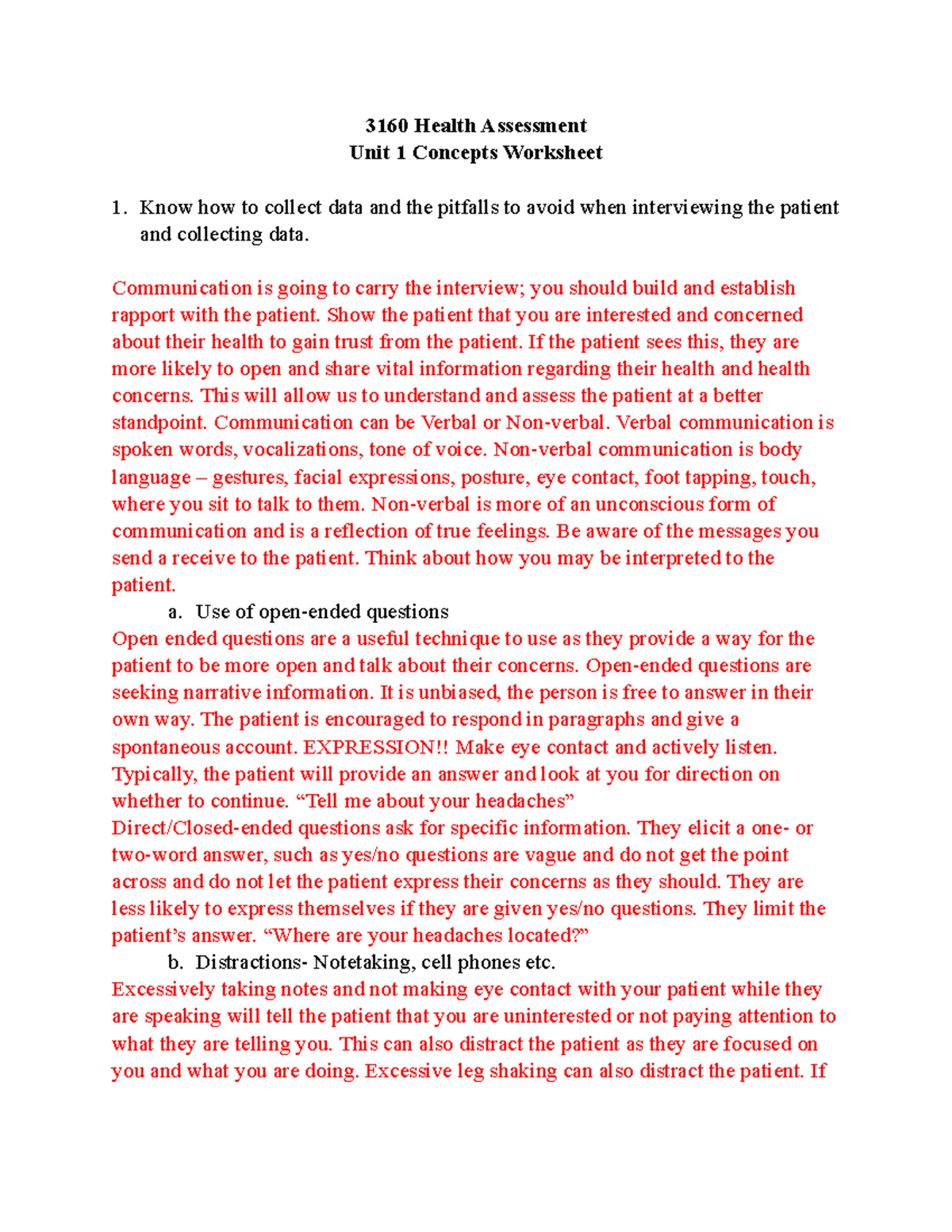 3160 Unit 1 Objectives worksheet - 3160 Health Assessment Unit 1 ...