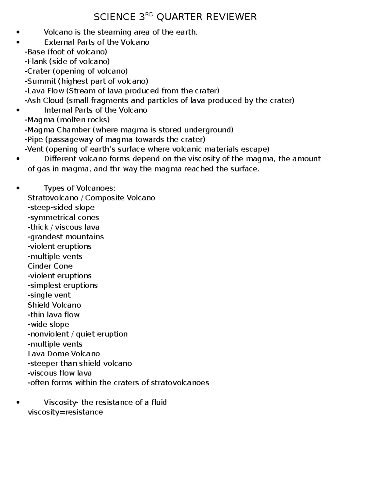 Science 3RD Quarter Reviewer - SCIENCE 3RD QUARTER REVIEWER Volcano is ...