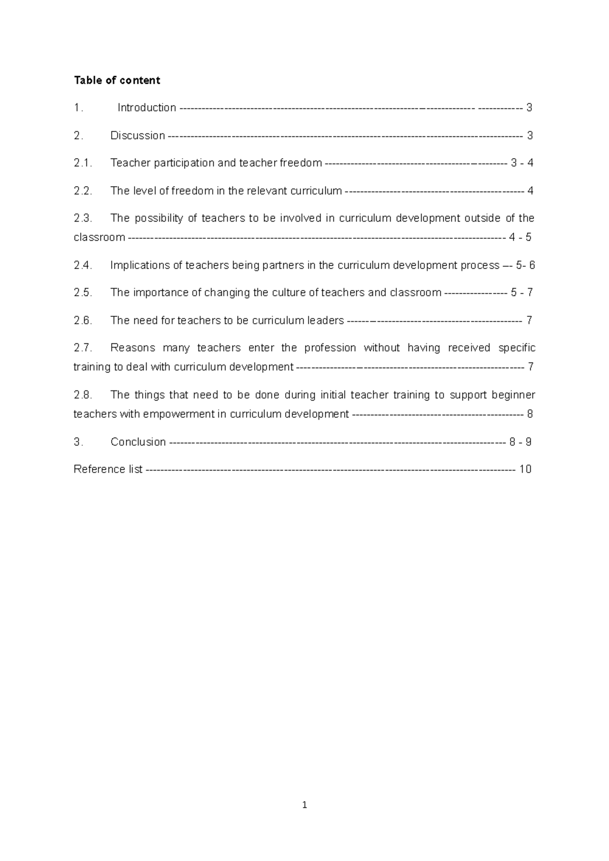 Teacher empowerment - Table of content Introduction - 3 Discussion - 3 ...