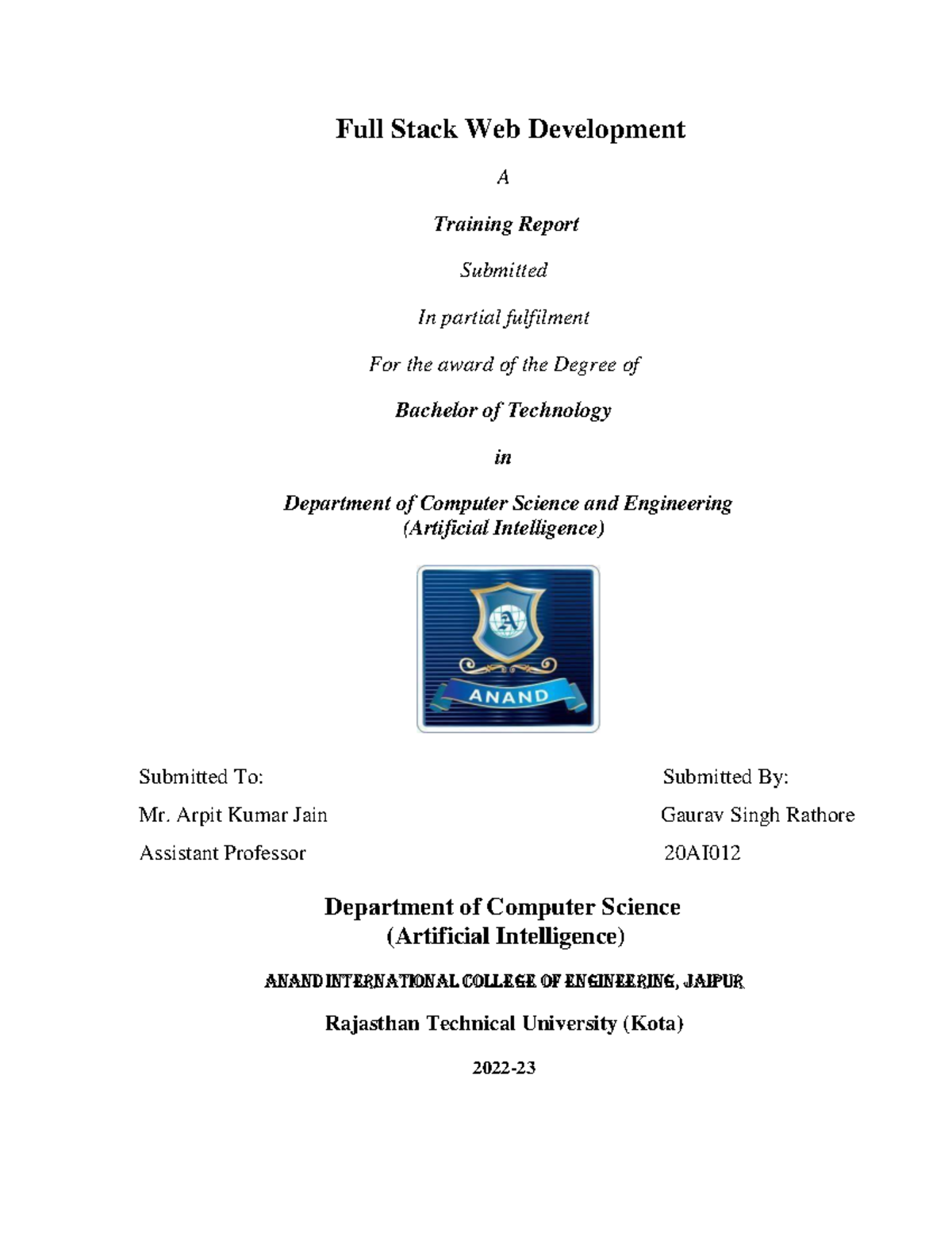 Report merged - Full Stack Web Development A Training Report Submitted ...