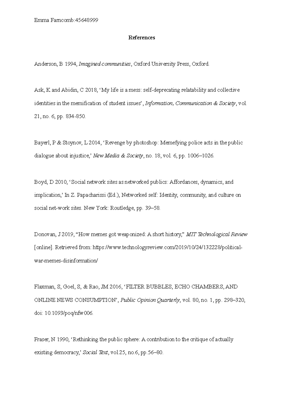 References - Social media A2 - Emma Farncomb: References Anderson, B ...