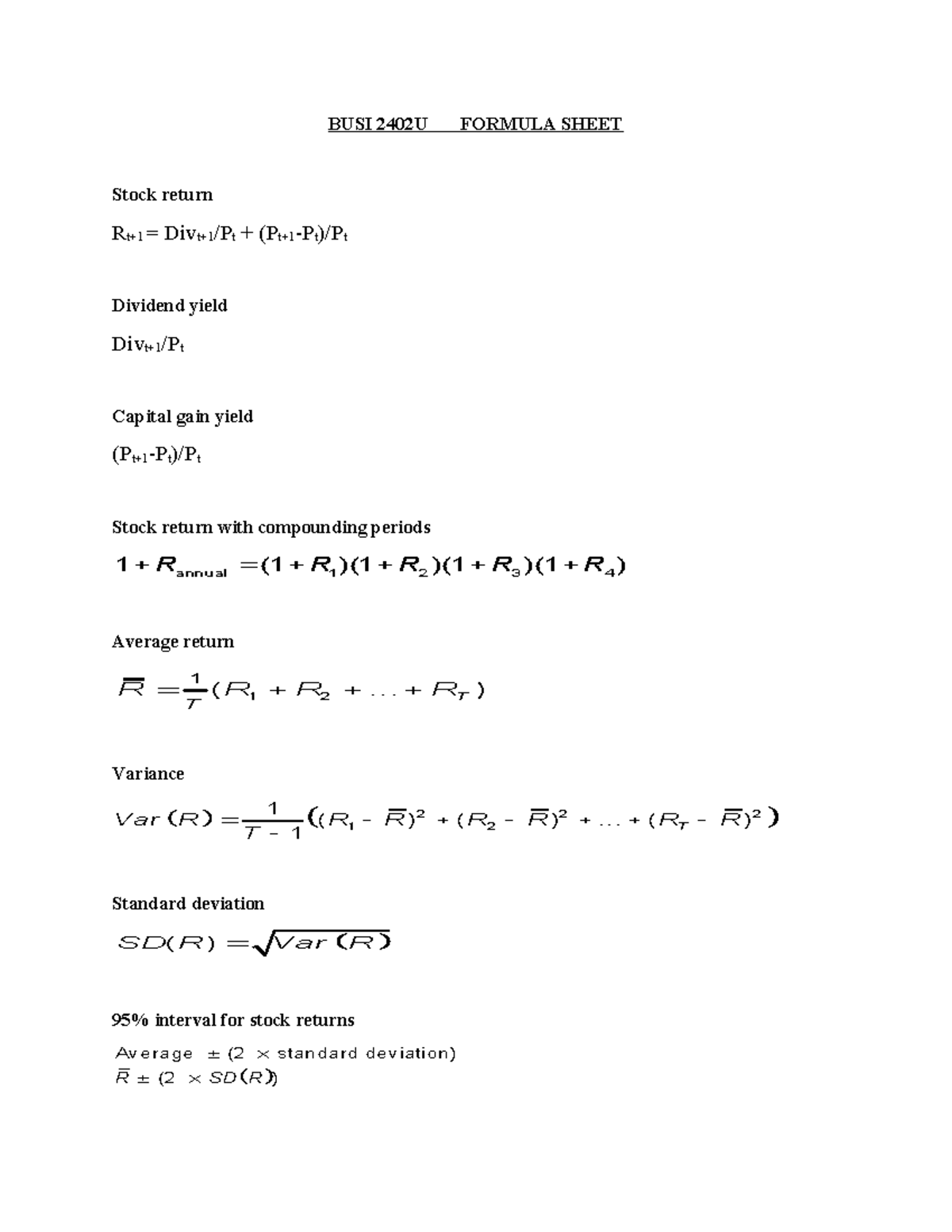 Finance II formula - lecture notes - BUSI 2402U FORMULA SHEET Stock ...