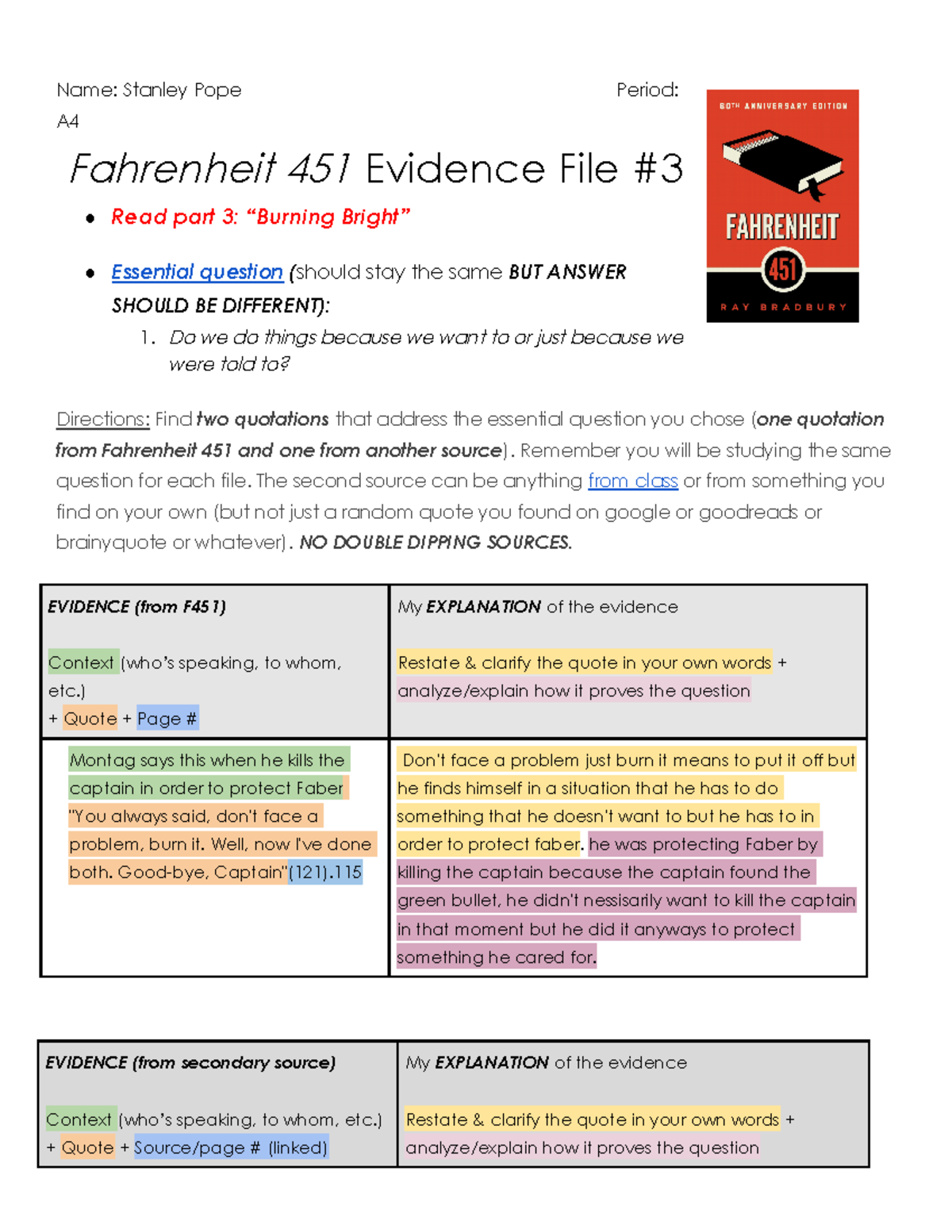 Copy of Evidence File #3 - Name: Stanley Pope Period: A Fahrenheit 451 ...