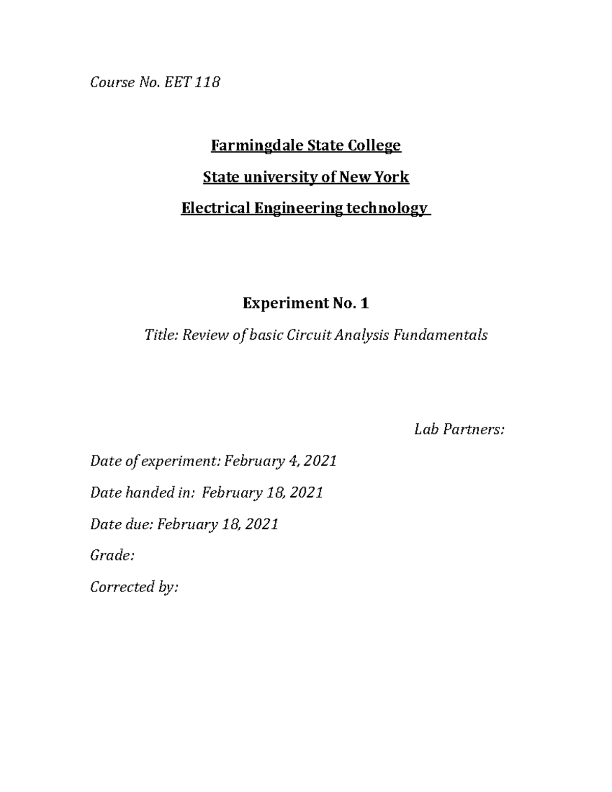 Eet 118 Lab 1 Lab Report Course No Eet 118 Farmingdale State College State University Of