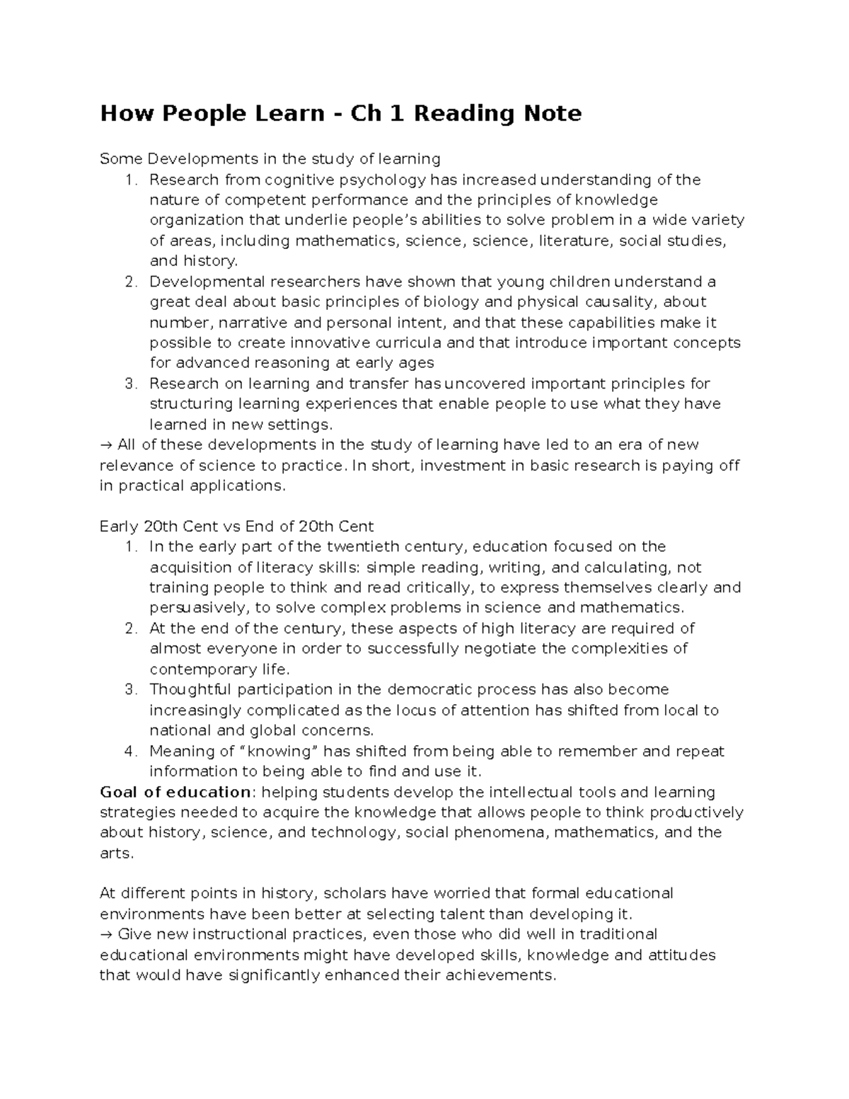 EDU 311 Reading Notes - How People Learn - Ch 1 Reading Note Some ...
