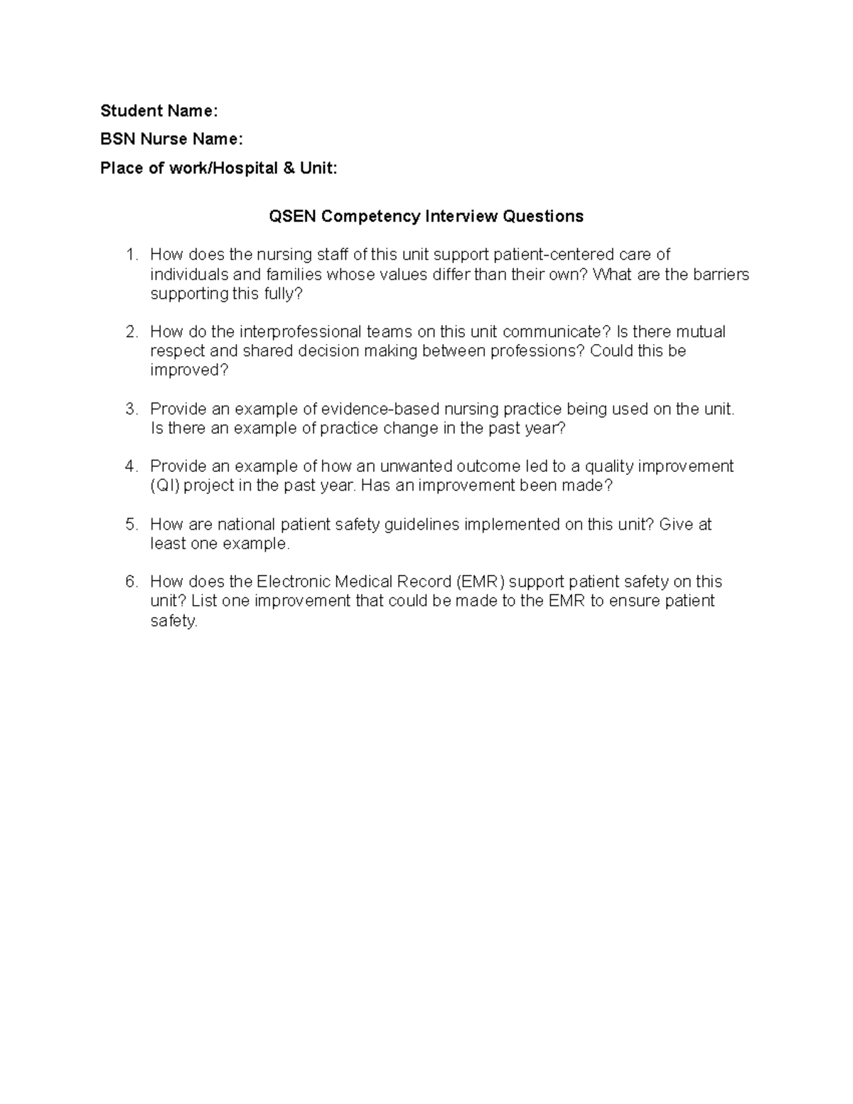 Nurse Interview Assignment -2 - Student Name: BSN Nurse Name: Place of ...