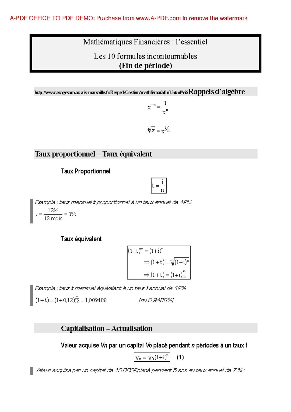 Mathématiques Financières l essentiel Les 10 formules incontournables ...