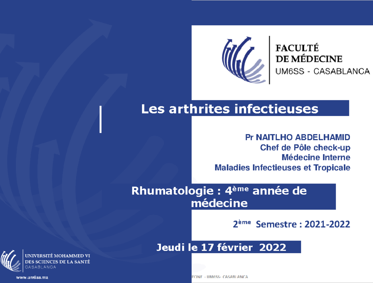 Arthrite infectieuse - Programme de rhumatologie pour étudiant en ...