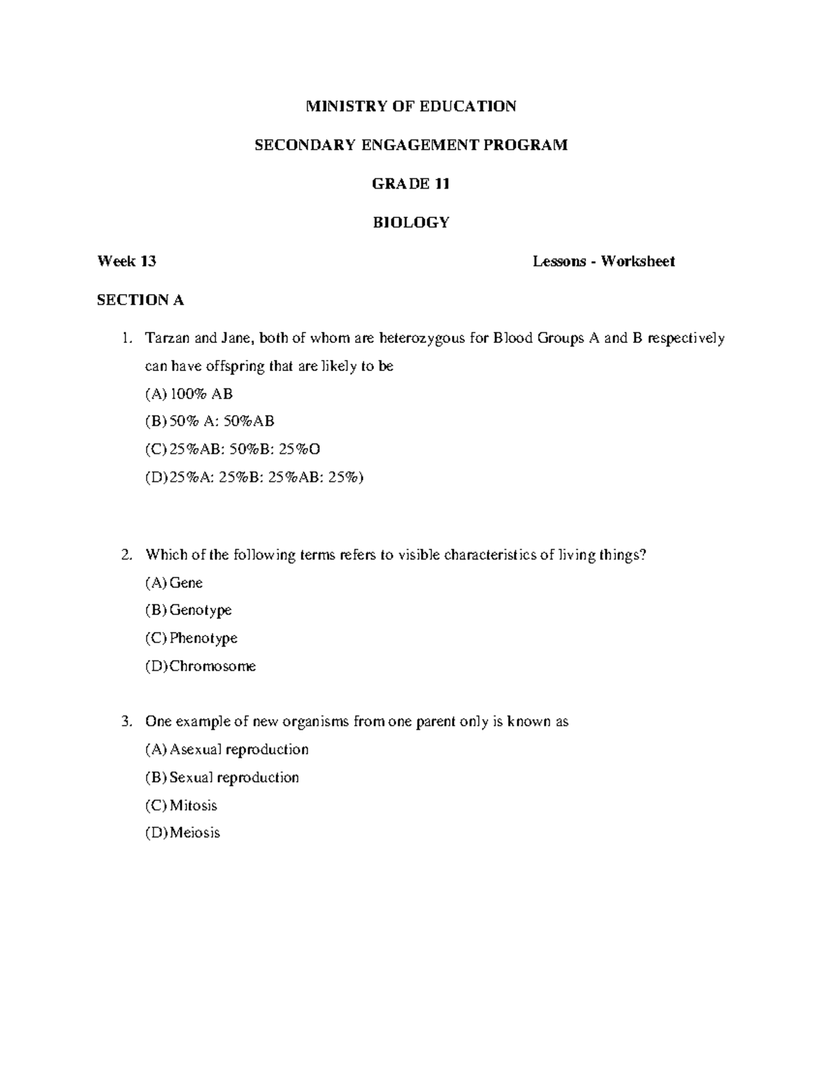 Grade 11 Biology Week 13 Lesson 1 and 2 Worksheet 1 and Solutions ...