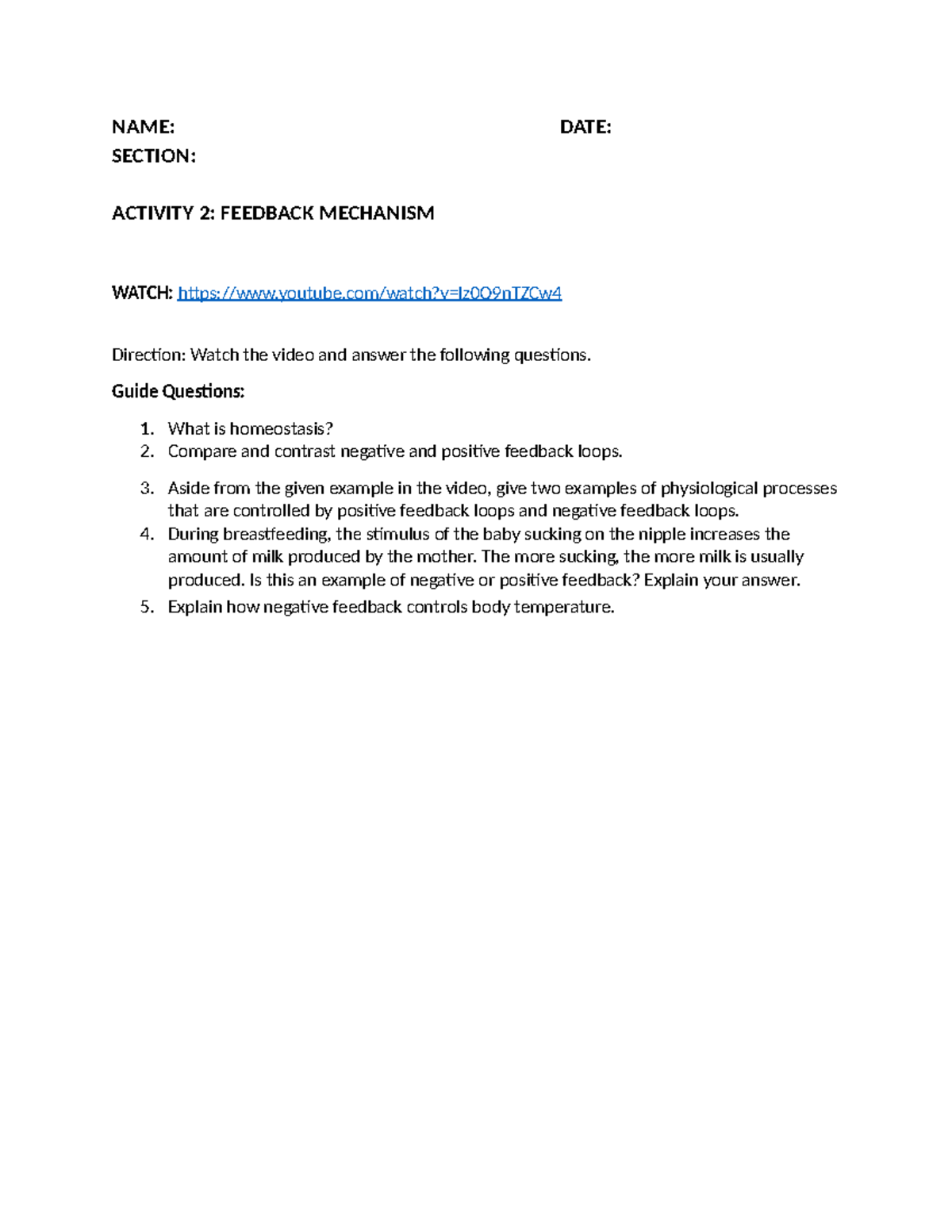 Activity 2 Feedback Mechanism - NAME: DATE: SECTION: ACTIVITY 2 ...