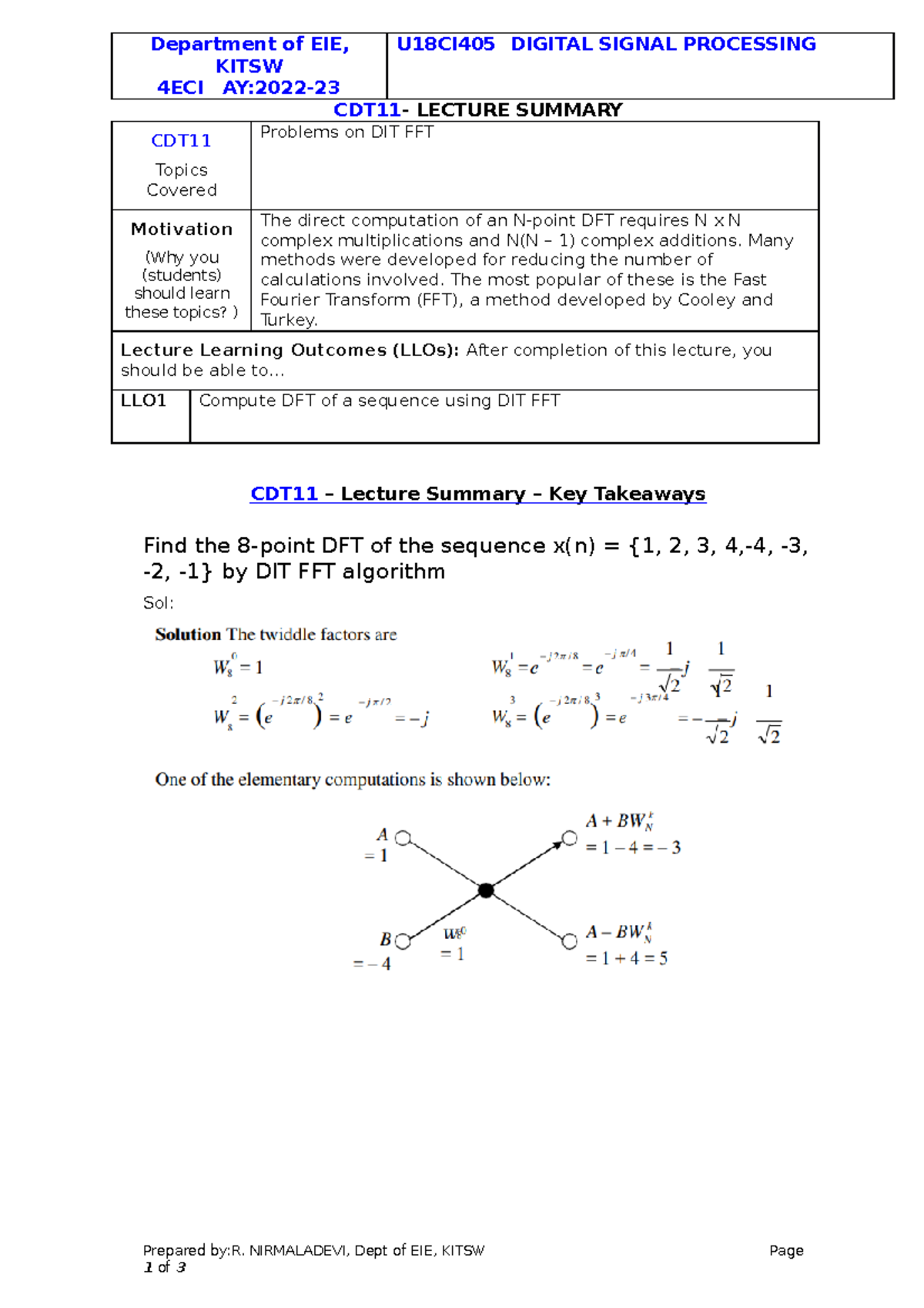 DSP CDT11 Summary 4ECI RND 2022-23 - Department of EIE, KITSW 4ECI AY ...