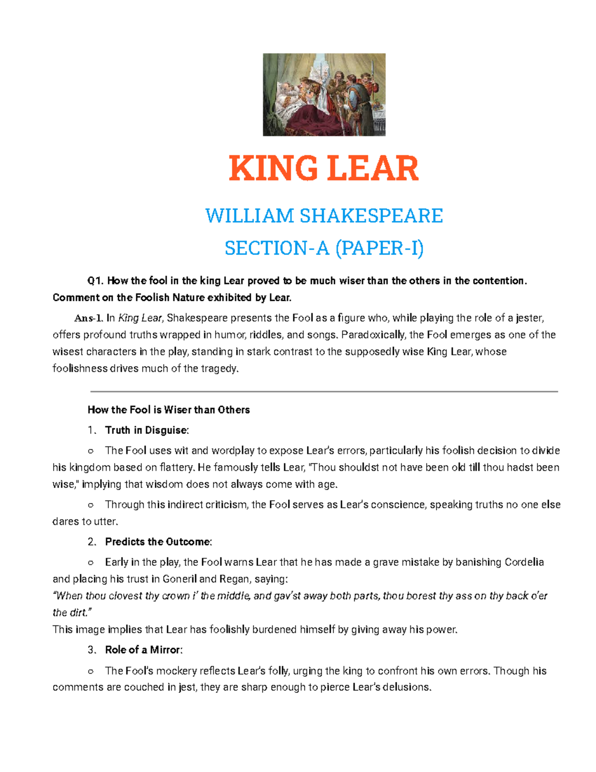 King Lear - Q&A - King Lear - A Critical Analysis - KING LEAR WILLIAM ...