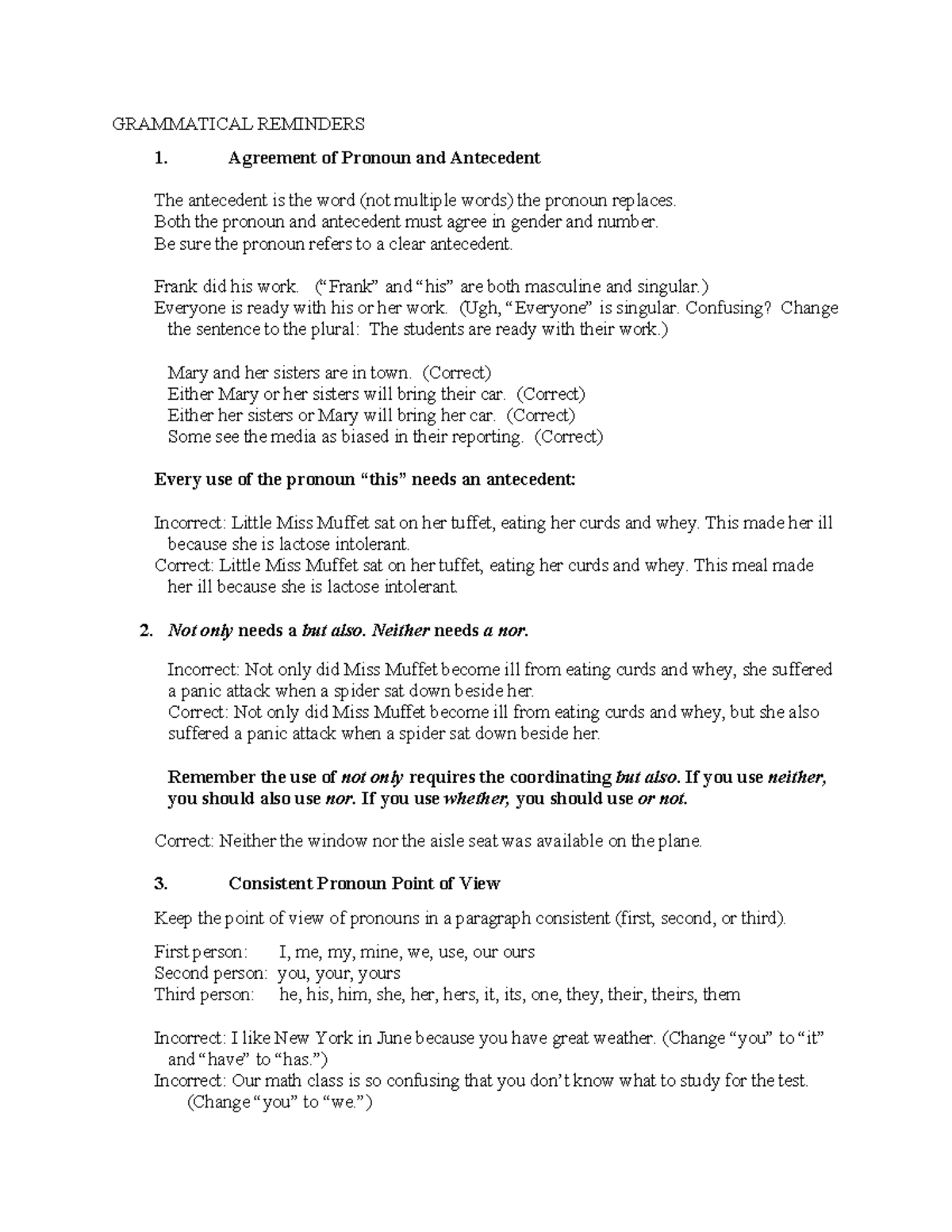 Grammar Packet - GRAMMATICAL REMINDERS Agreement of Pronoun and ...