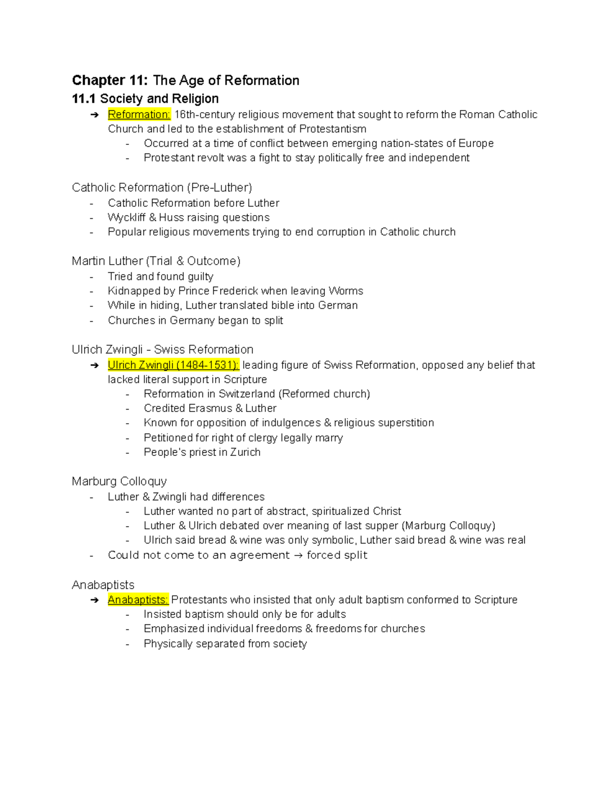 HIST 1100 September 23 Mc Fadden - Chapter 11: The Age of Reformation ...