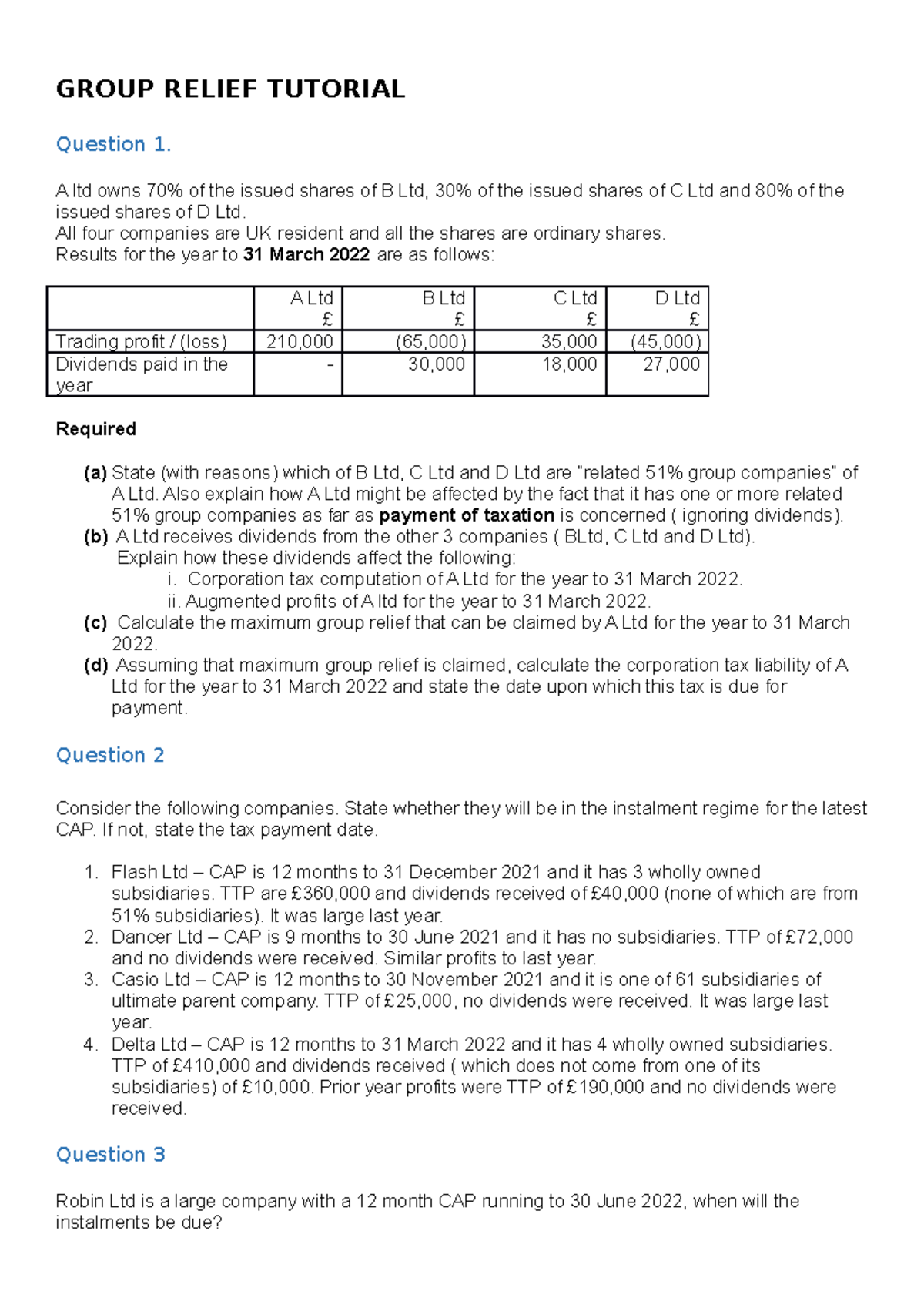 Group Relief Tutorial.21.22 - GROUP RELIEF TUTORIAL Question 1. A ltd ...