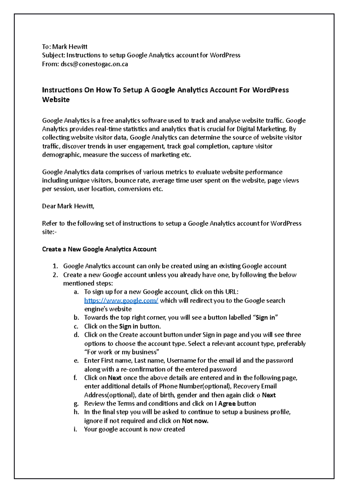 Email Instructions Assignment - To: Mark Hewit Subject: Instructions to ...