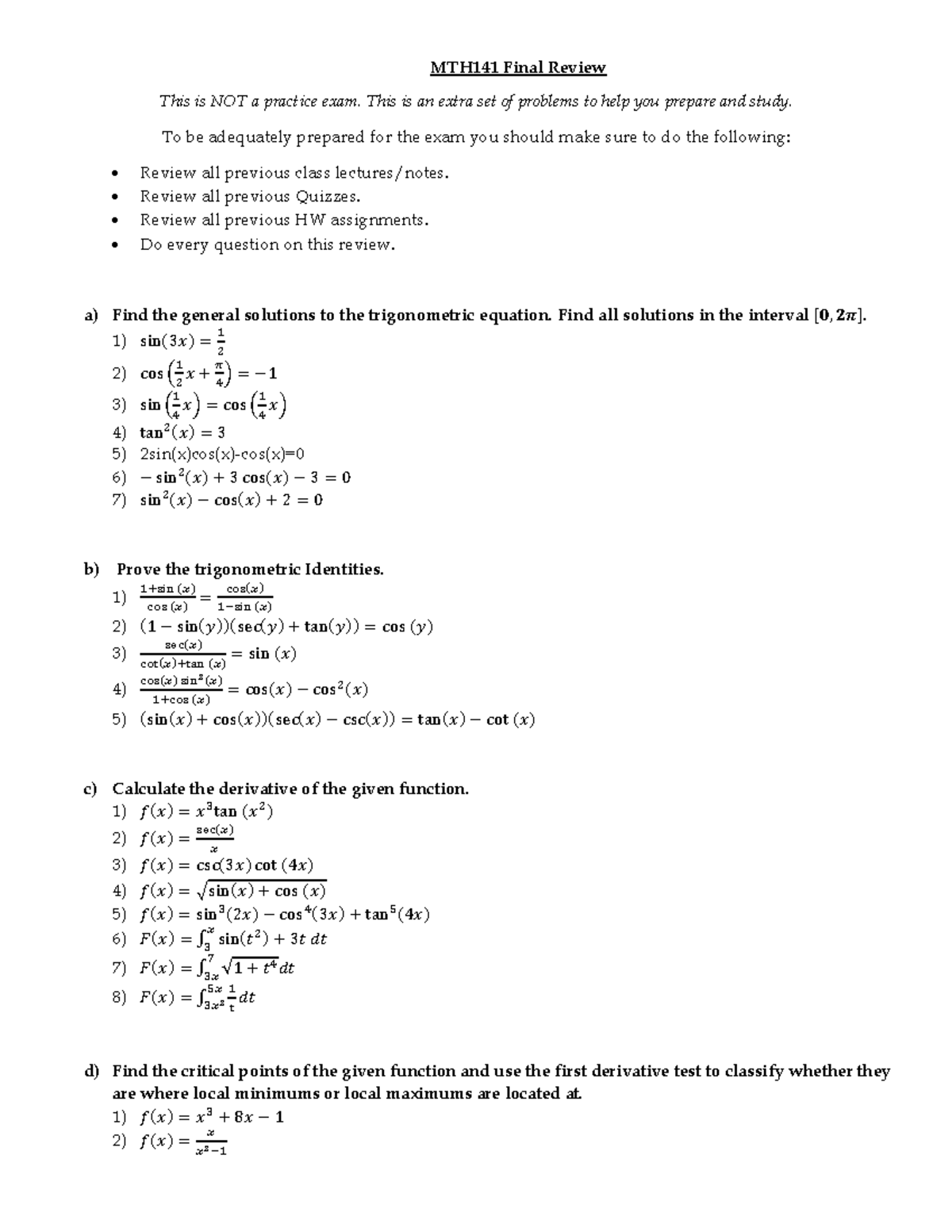 Final Exam Review - MTH14 1 Final Review This is NOT a practice exam ...