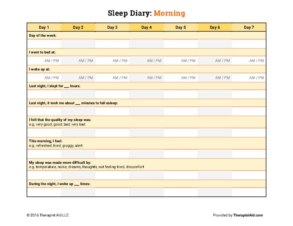 Sleep Diary - Handout for Practicum Clients - Sleep Diary: Morning ...