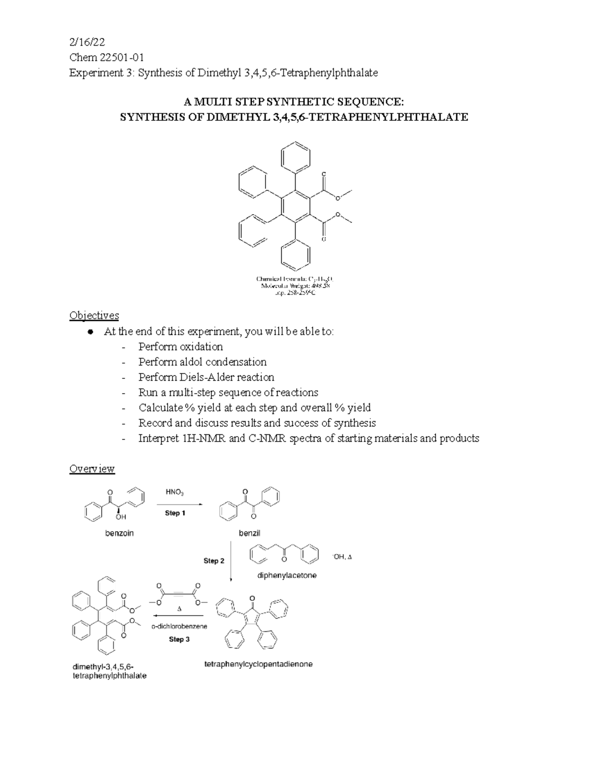Orgo 2 Lab Rec Notes (3 - 2/16/ Chem 22501- Experiment 3: Synthesis of ...