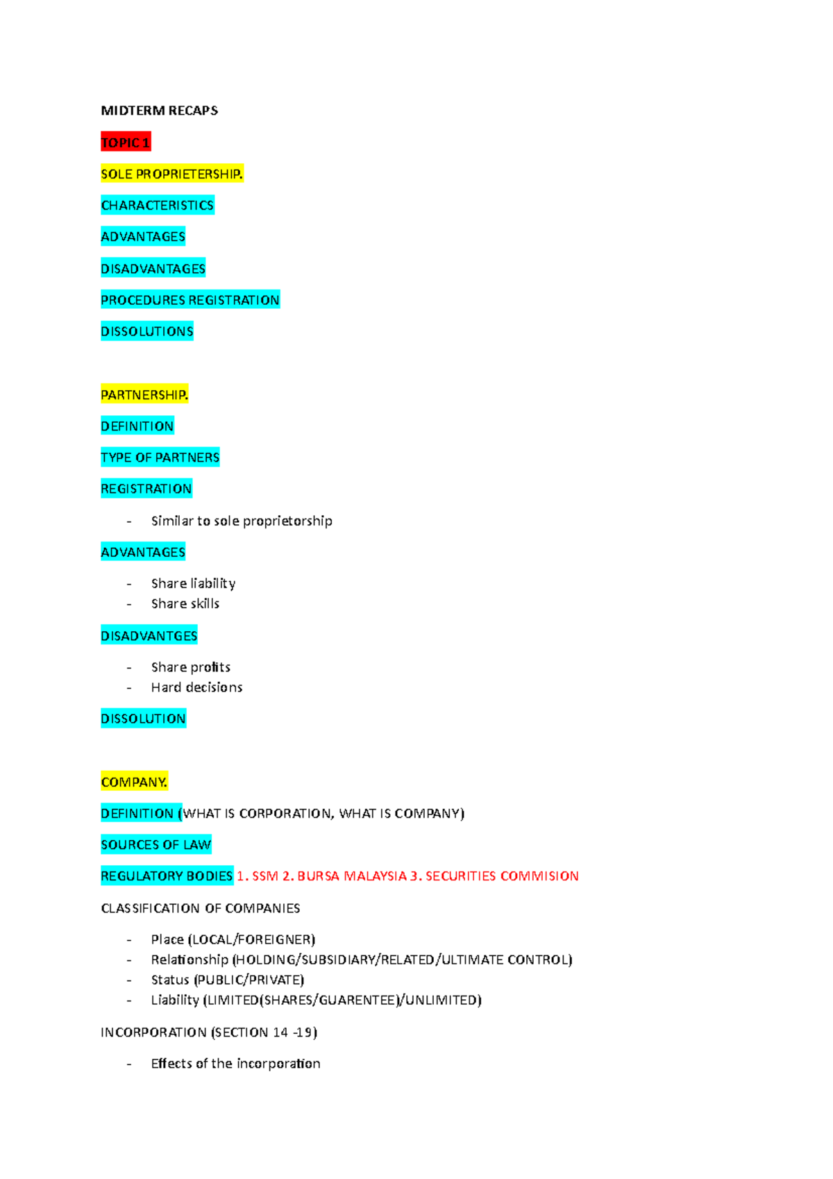 Midterm Recaps AND TIPS - MIDTERM RECAPS TOPIC 1 SOLE PROPRIETERSHIP ...